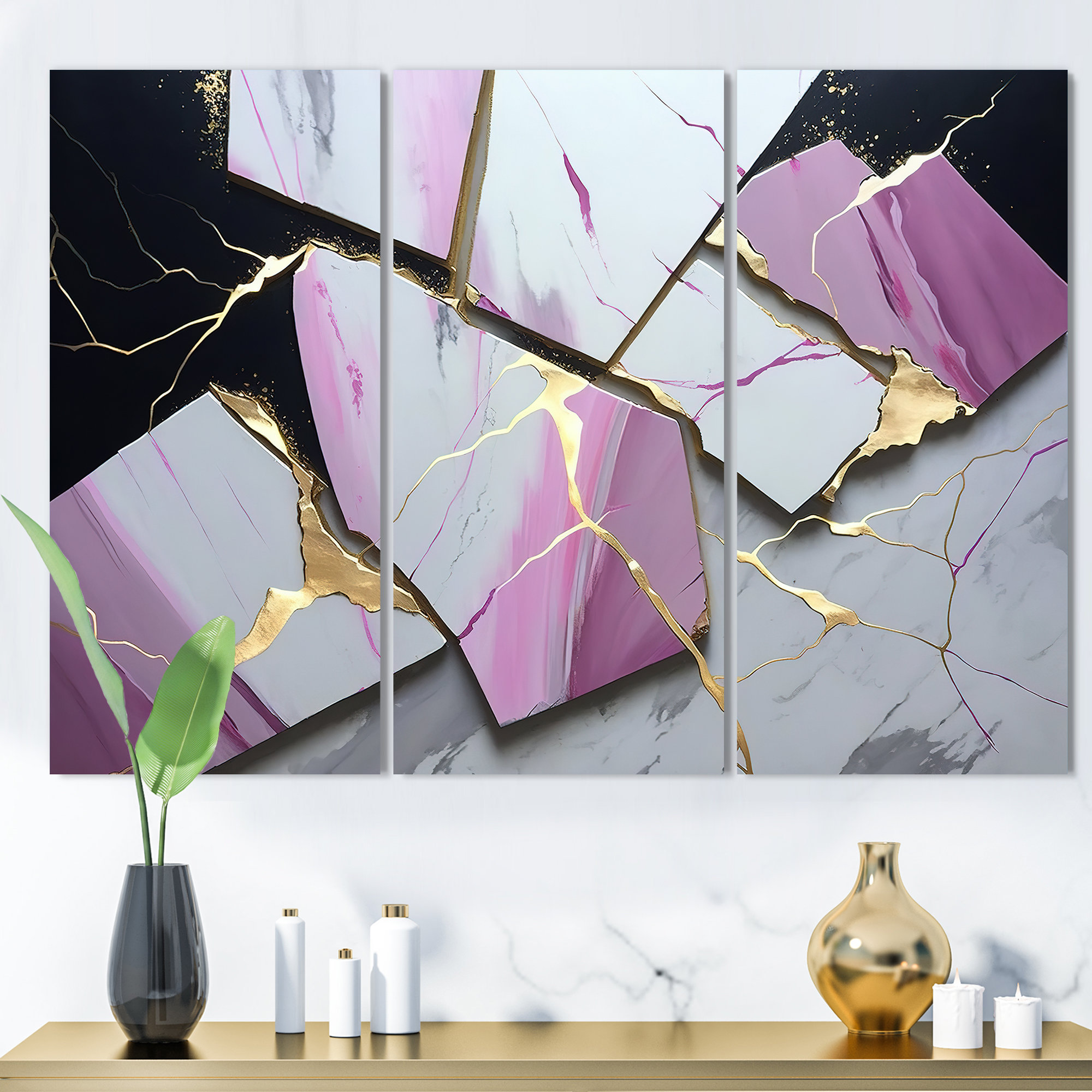 Design Art Abstract Geode Pink II - 3 Piece Wrapped Canvas Print | Wayfair