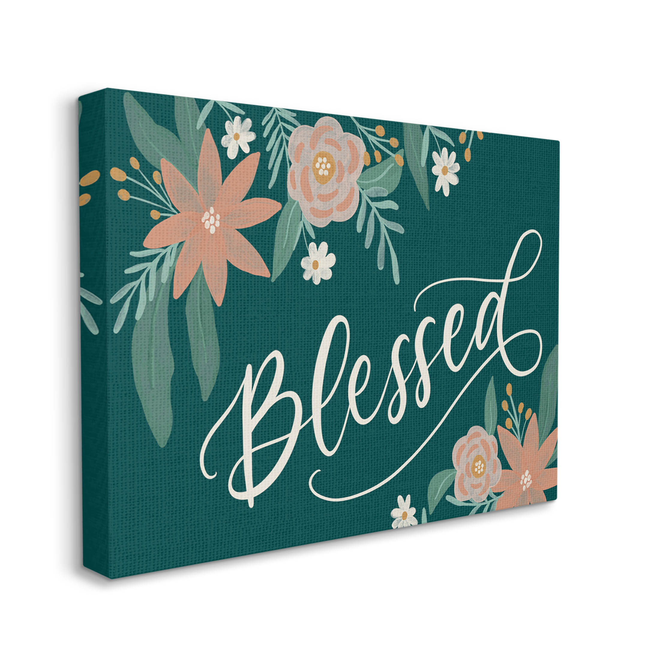 Stupell Industries Blessed Floral Green Blossoms Floater Canvas Wall ...