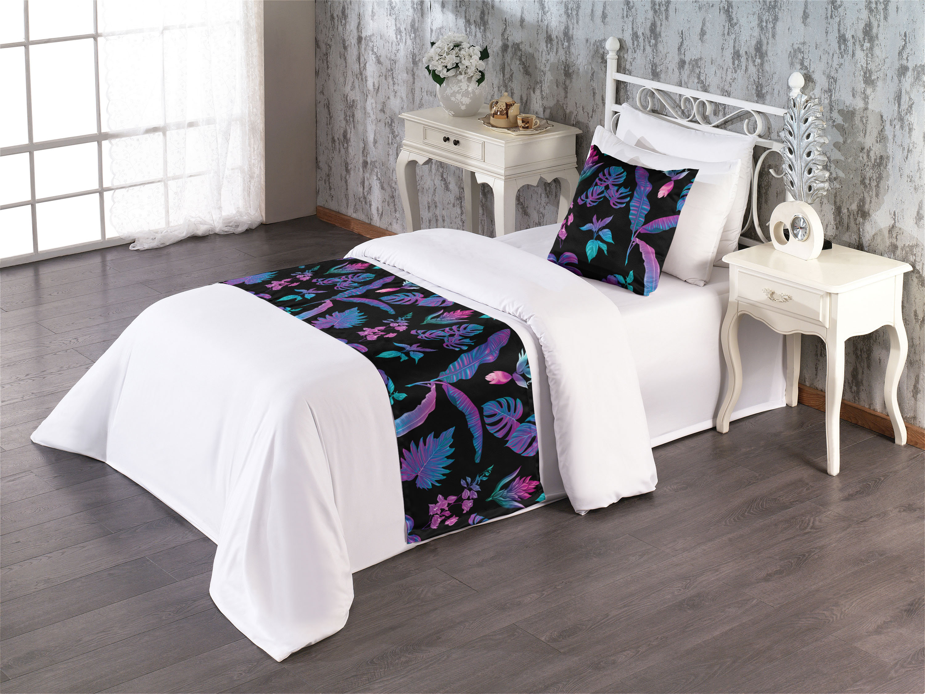 Ambesonne Tropical Bed Runner Set Retro Abstract Monstera Violet Aqua ...