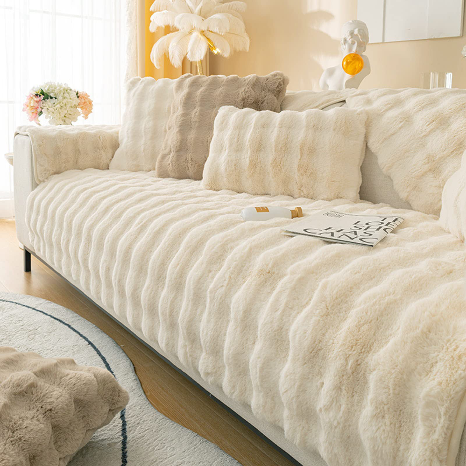 Everly Quinn Thick Plush Faux Rabbit Fur Sofa Slipcovers 1-Piece Non ...