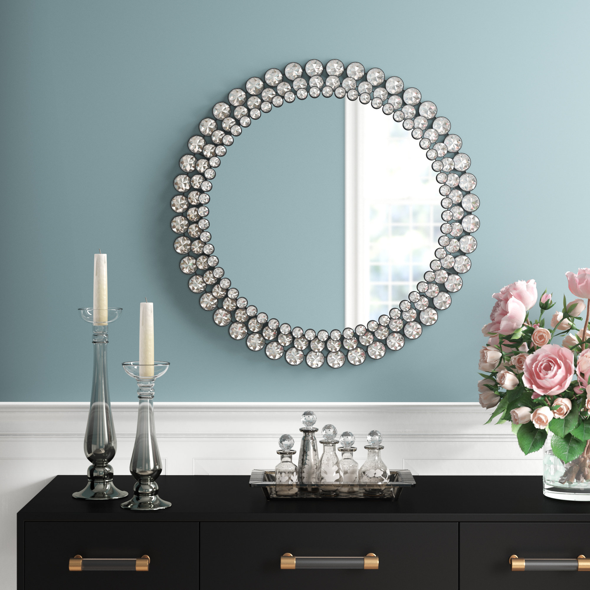 House of Hampton® Wykoff Crystal Beaded Jeweled Round Wall Mount Mirror ...