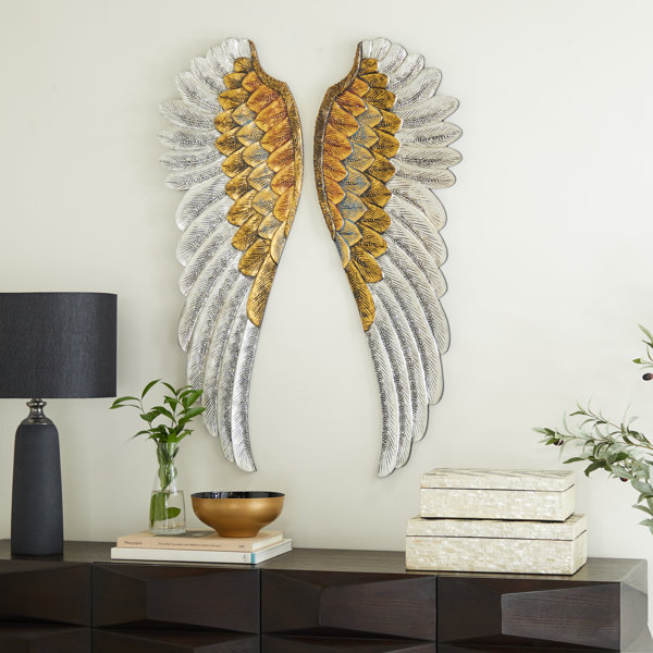 Trinx Wooden Carved Angel Wings Bird Gold Wall Decor with Gold Accents ...