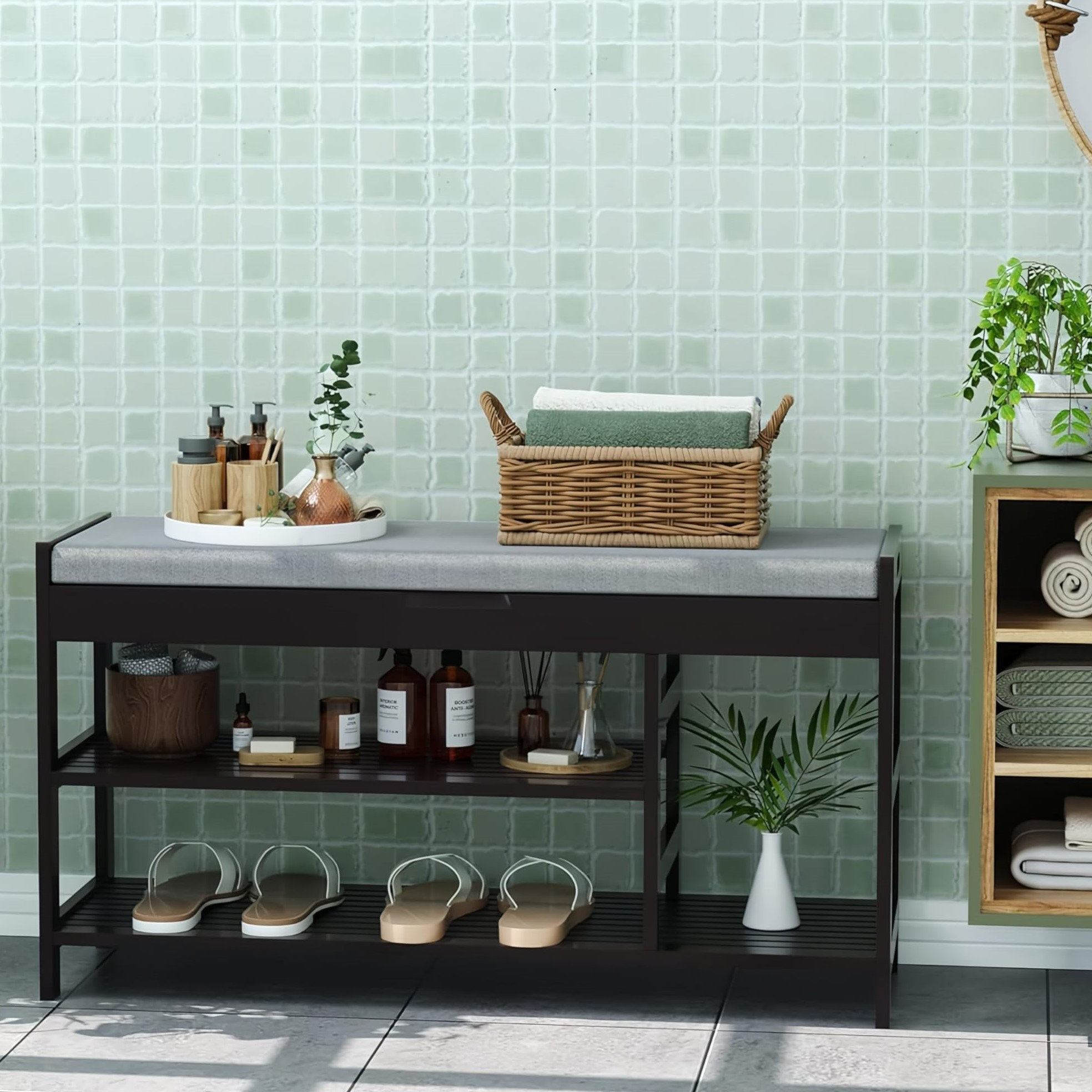 Latitude Run® Bamboo Shoe Bench Rack Entryway Storage Bench with Padded ...