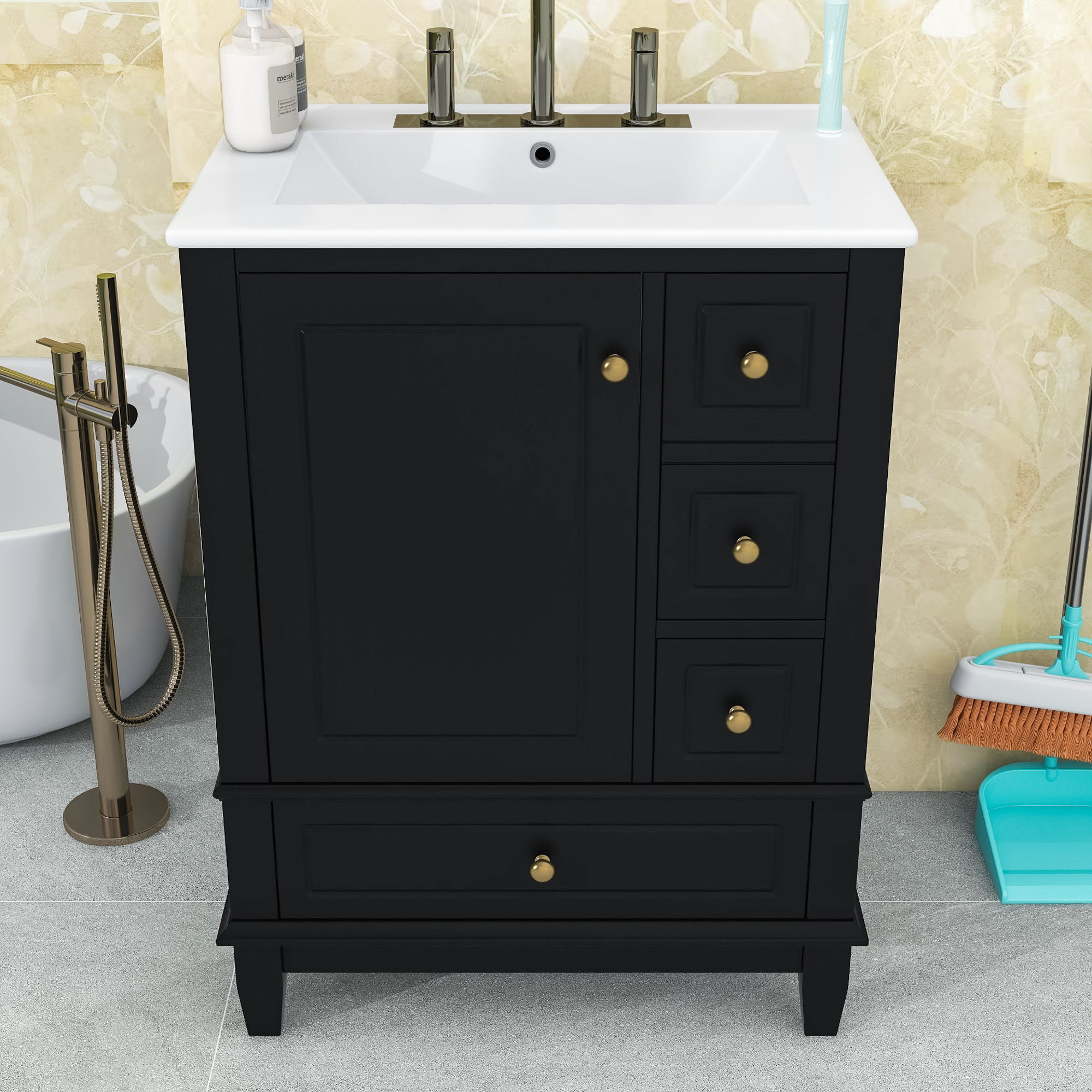 Winston Porter Wooden Freestanding Vanity Cabinet with Ceramic Top and ...