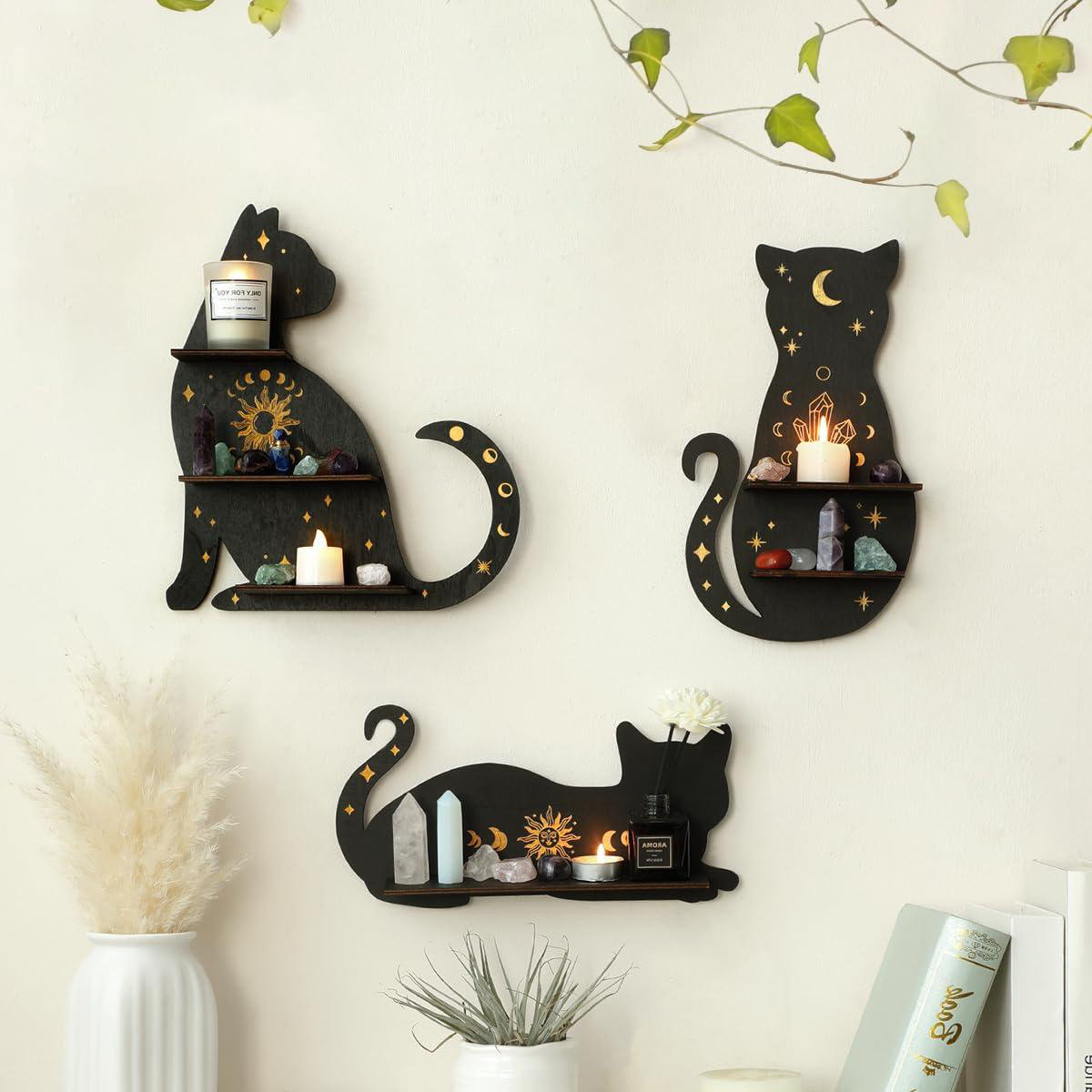 Rebrilliant 3 PCS Black Cat Crystal Shelf Display, Cute Floating ...