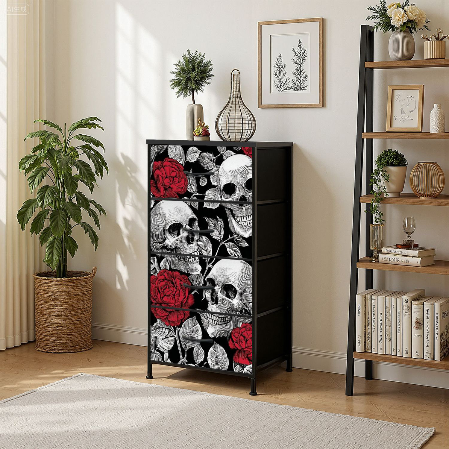 Ebern Designs 4 Drawer Vertical Storage Dresser skull flowers peony Day ...