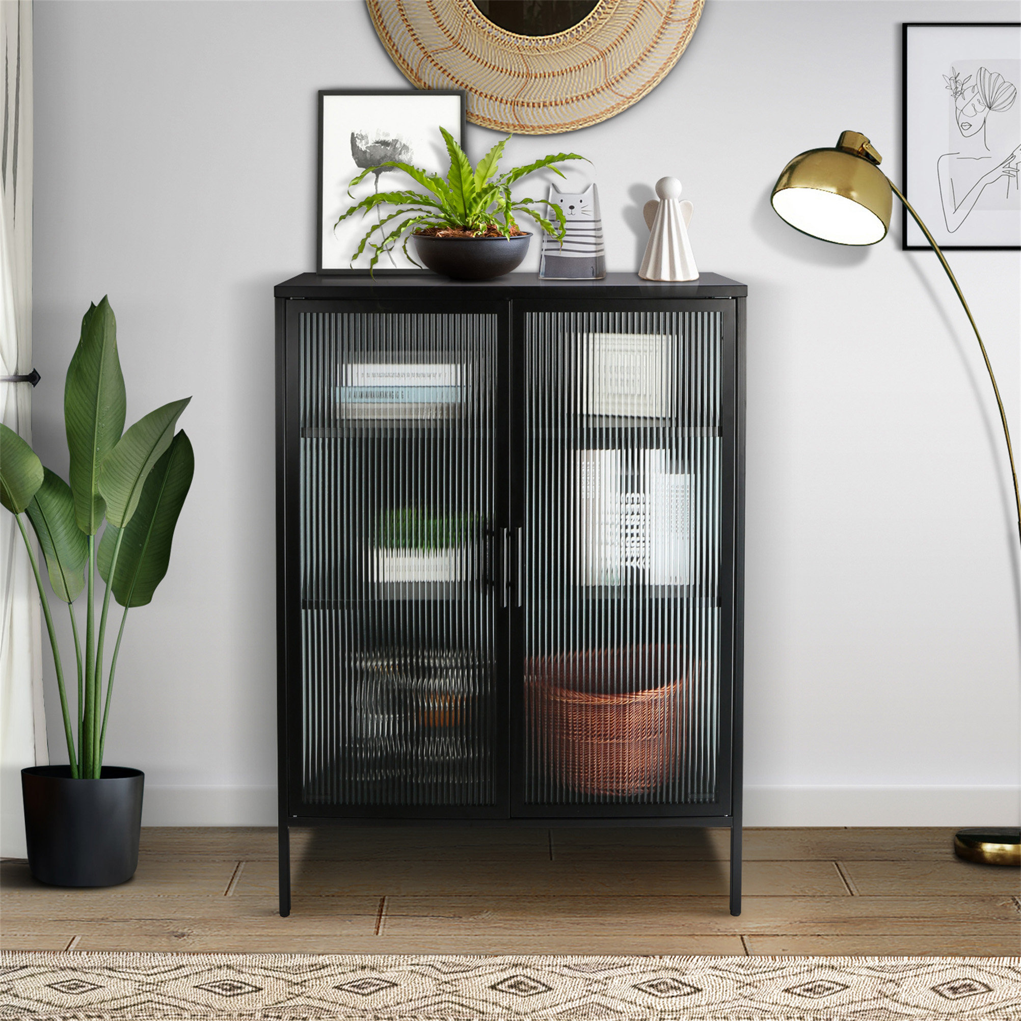 Ebern Designs Kamili 48 Inch Double Glass Door Storage Cabinet ...