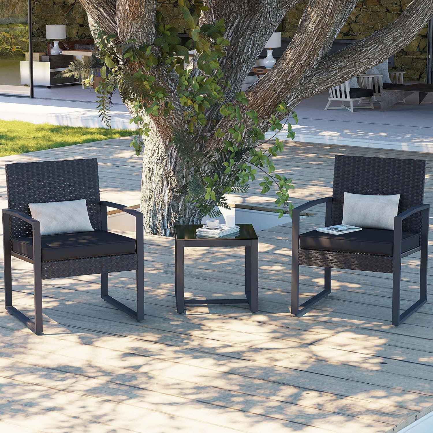 Ebern Designs 3 Pieces Patio Bistro Set, Wicker Outdoor Furniture Set ...