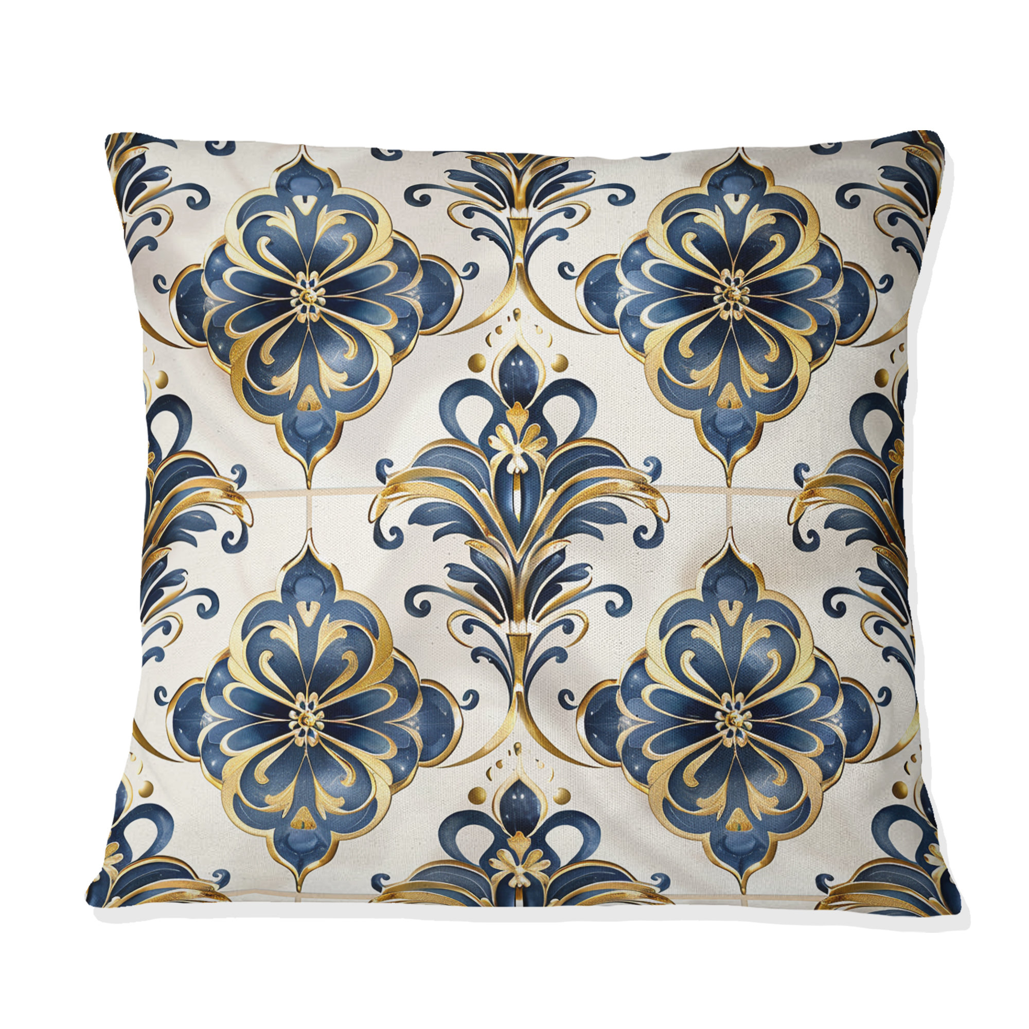 Design Art Gold Blue Glam Damask Tiles - Glam Throw Pillow | Wayfair