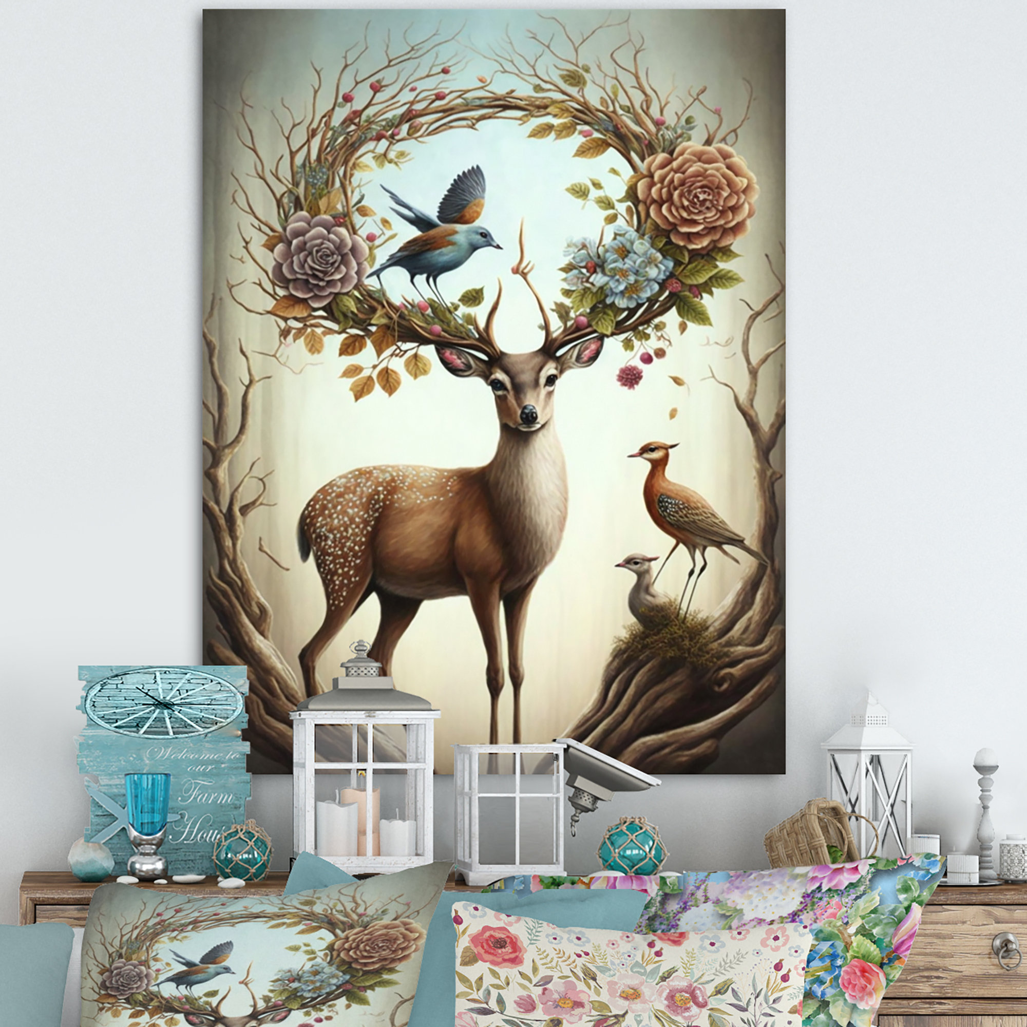 Trinx Deer with Blooming Antlers IV - Print on Canvas | Wayfair