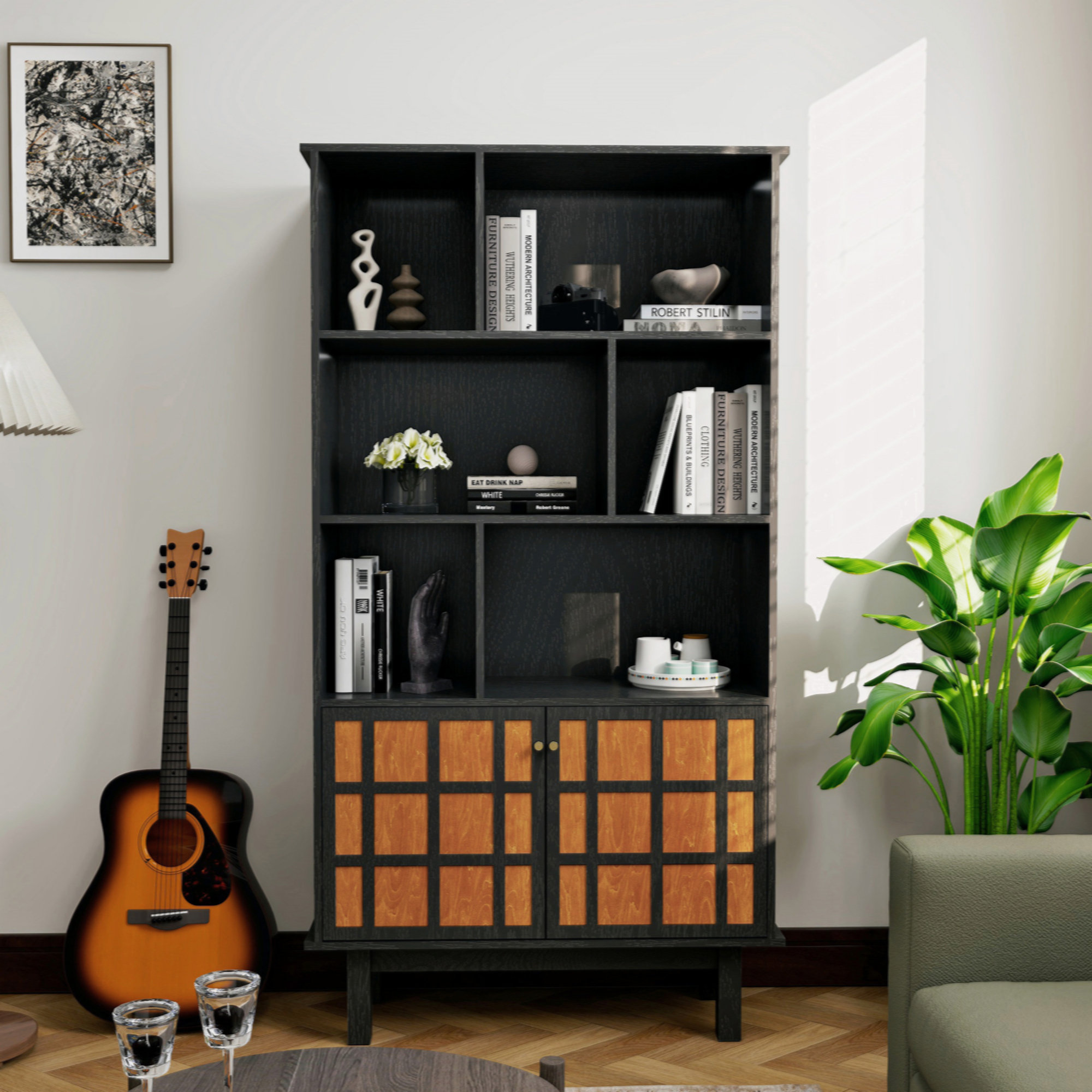 Corrigan Studio® Bookcase With Cabinet, Bookshelf With Doors, Black ...
