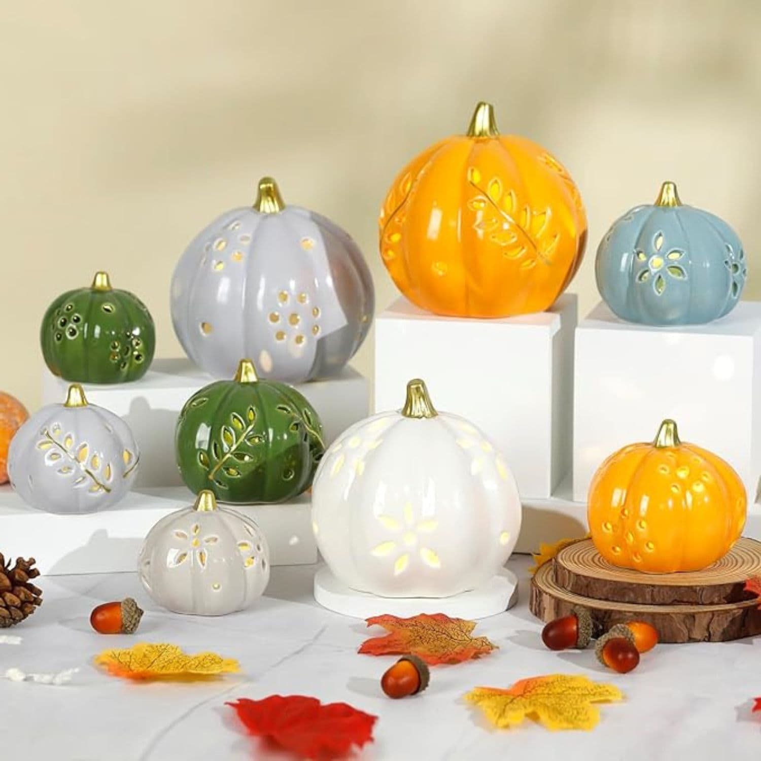 One Allium Way 9 Pcs Ceramic Lighted Pumpkins | Wayfair
