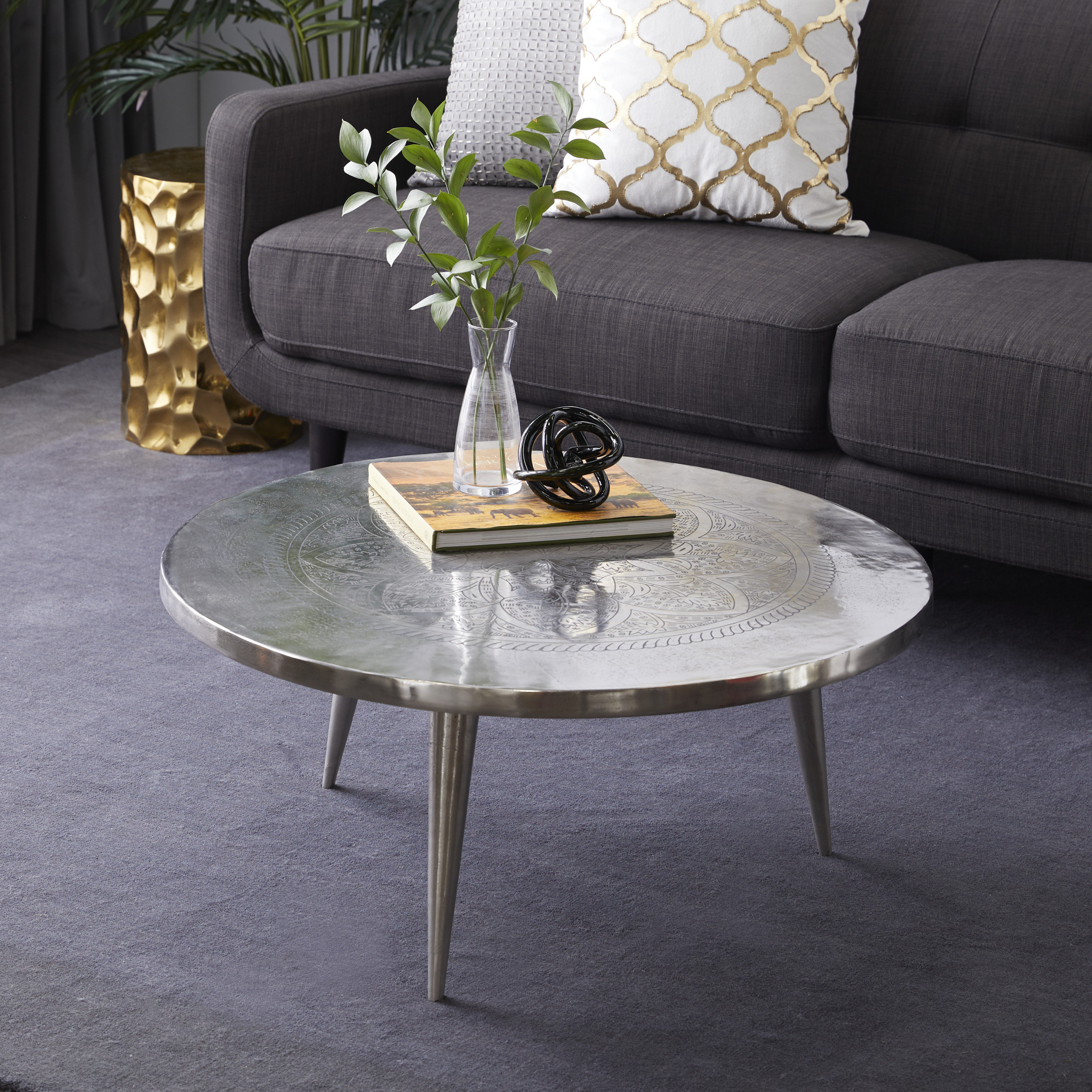 Dakota Fields Silver Aluminum Floral Coffee Table with Etched Design ...