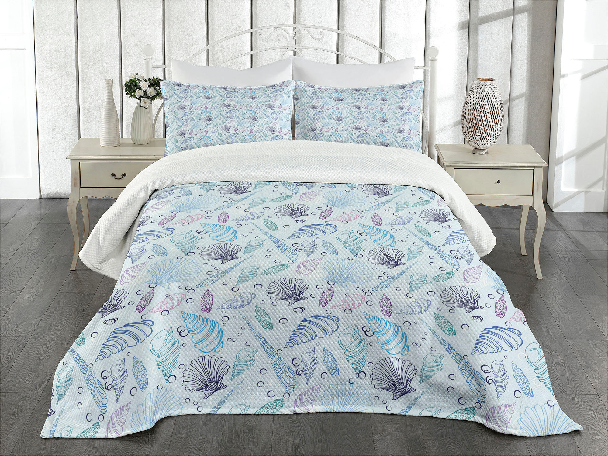 Ambesonne Nautical Bedspread Set Seashells Bubble Ocean Indigo Pale ...