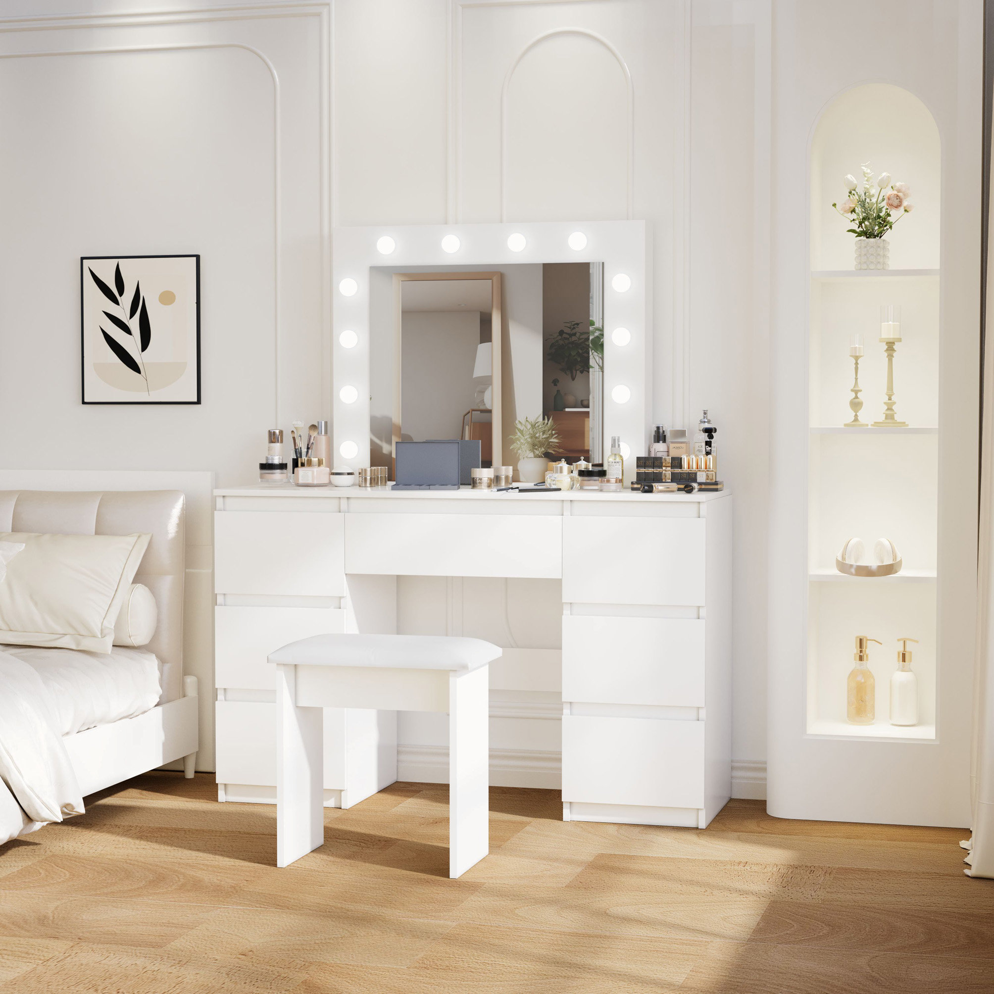 Latitude Run® Large White Vanity Tables With Mirror And Light | Wayfair
