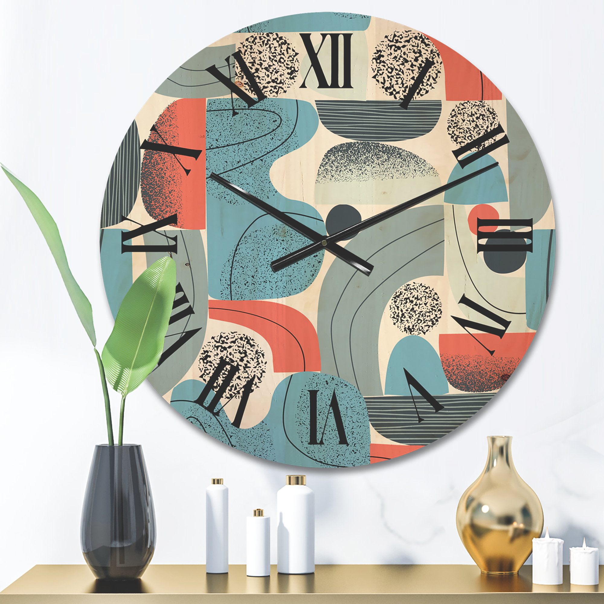 East Urban Home Shapes with Abstract Suns and Moons II Wood Wall Clock ...