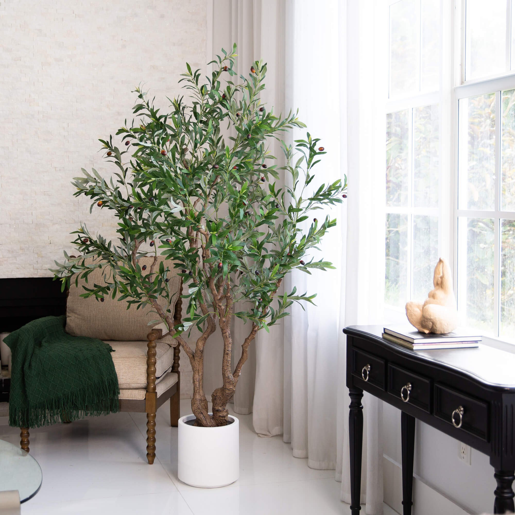 Bayou Breeze Artificial Grand Olive Tree in White Decorative Planter ...