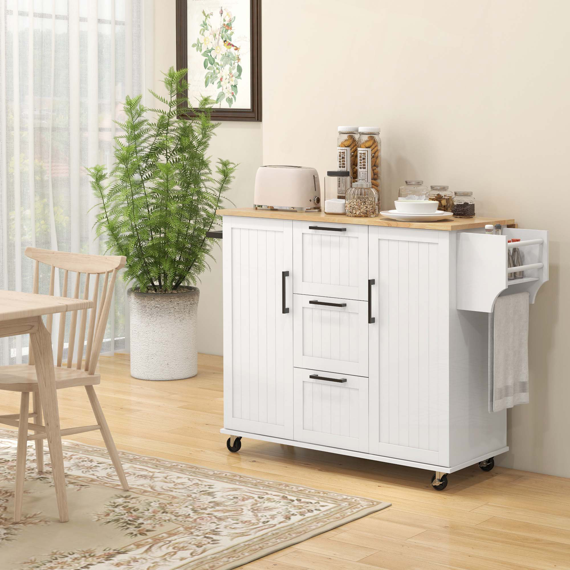 Ophelia & Co. Rolling Kitchen Cart on Wheels with 3 Drawers, 2 Cabinets ...