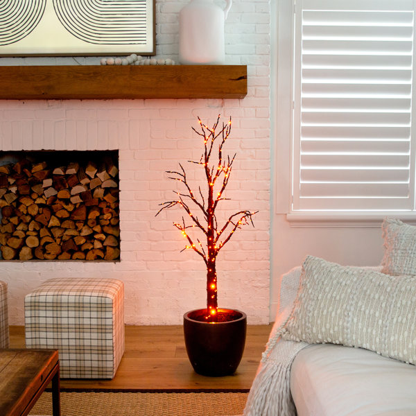 Primrue 4ft. Pre-Lit Halloween Black Twig Artificial Fall Tree with 240 ...