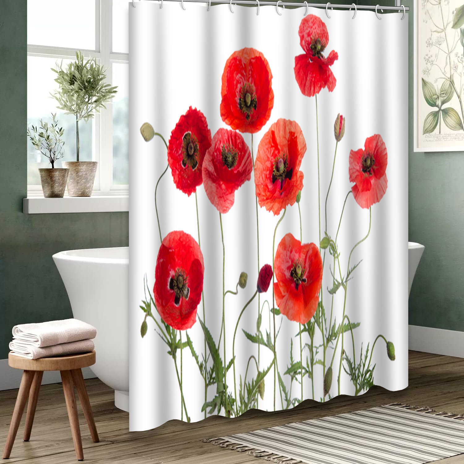 Highland Dunes Red White Poppy Waterproof Shower Curtain,Red Poppies ...