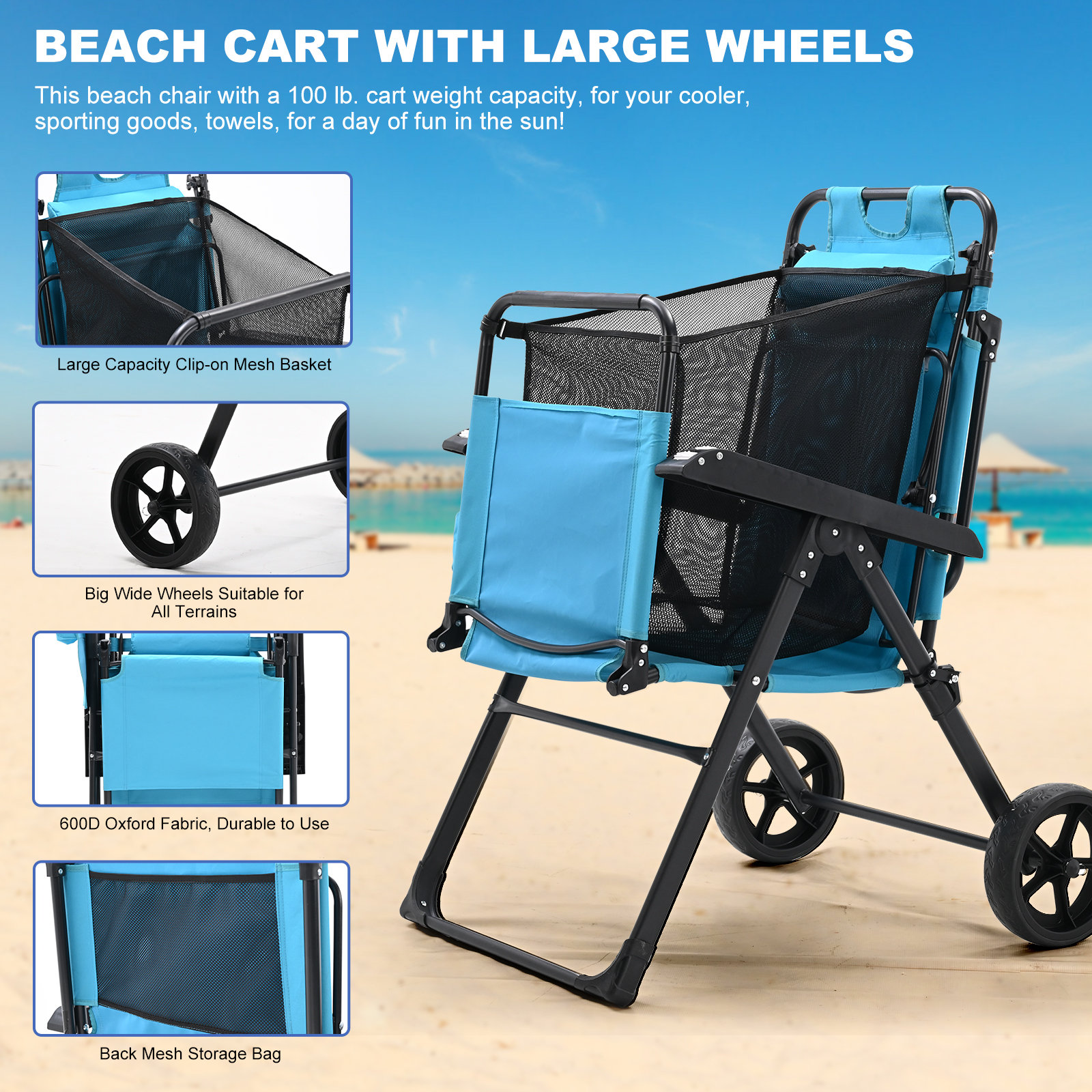 JTANGL Chariot de plage 2 en 1 avec chariot à tirer intégré, chaise de ...
