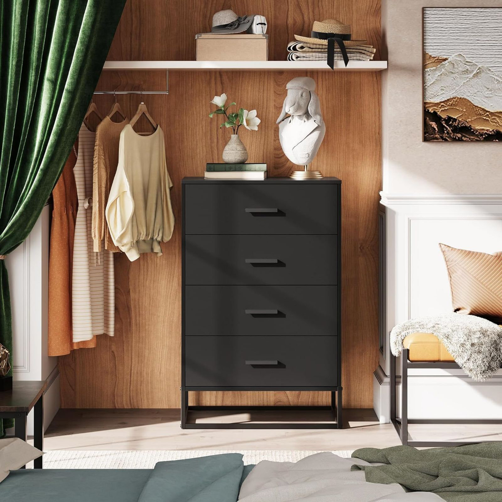 Ebern Designs Wood Dresser for Bedroom with 4 Drawers, Chest of Drawers, Tall Dresser Drawers ...