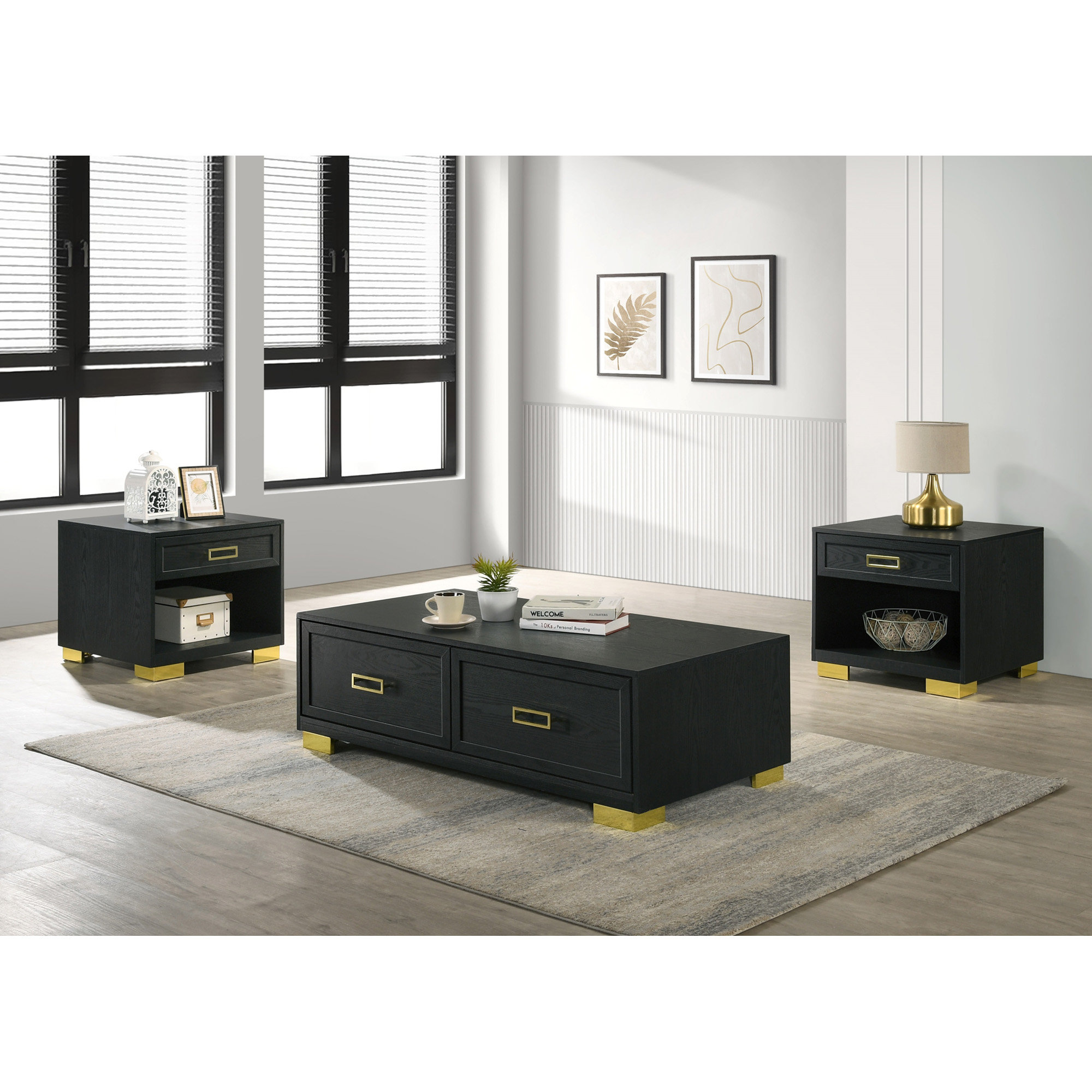 Latitude Run® 3pc Contemporary Coffee Table Storage Drawers Open Shelf ...