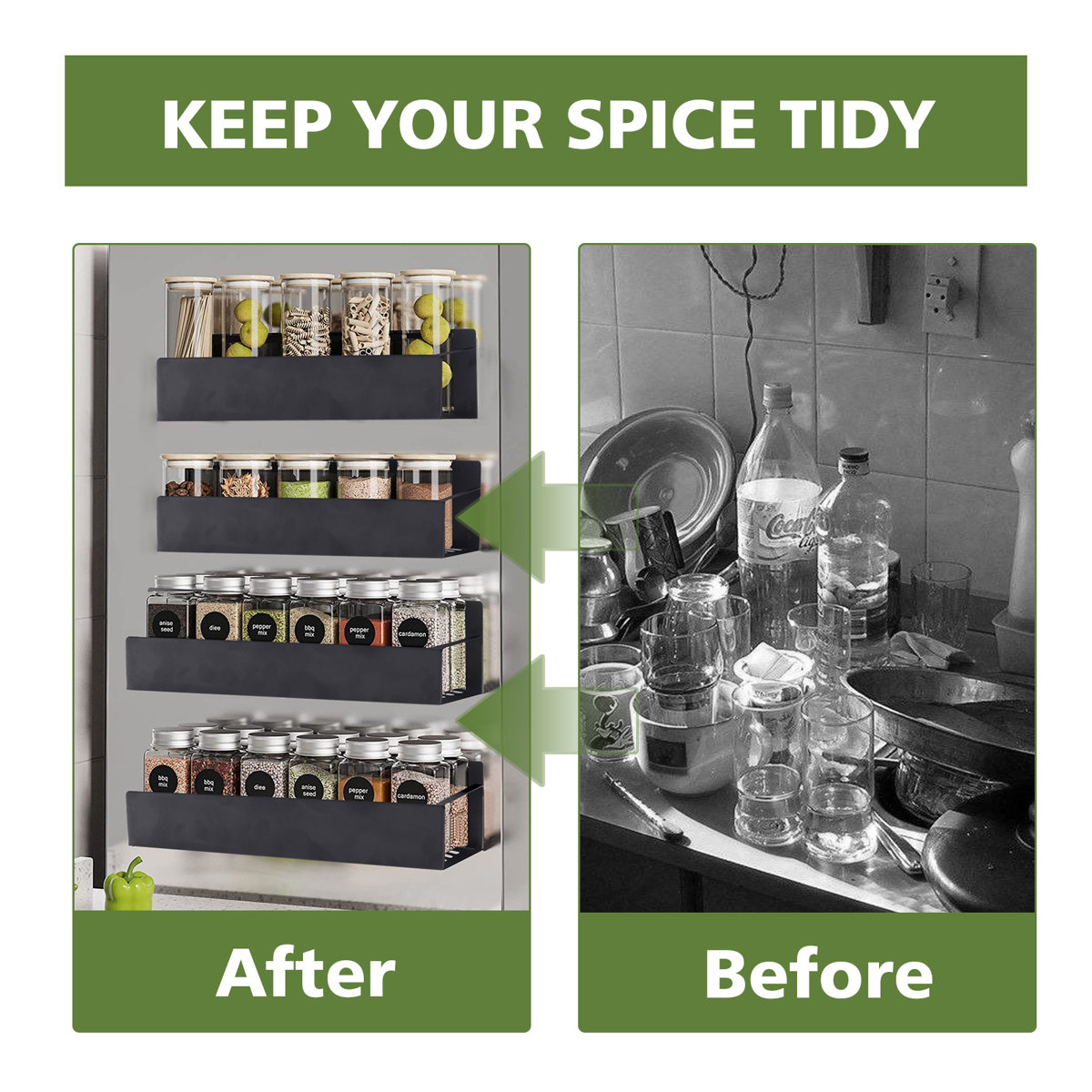 Prep & Savour Black Metal Magnetic Spice Rack, 4 Pack Moveable Fridge ...