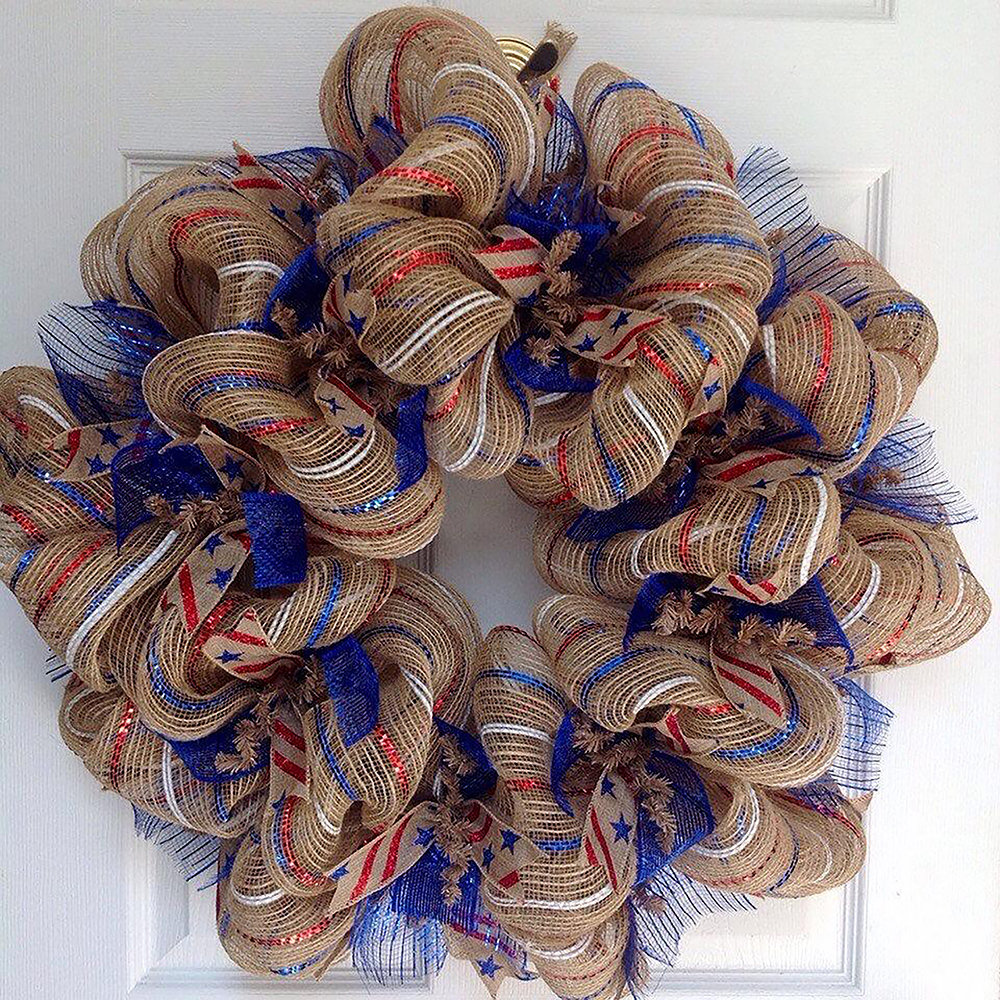 The Holiday Aisle® Patriotic Striped Burlap Red and Blue Wreath | Wayfair