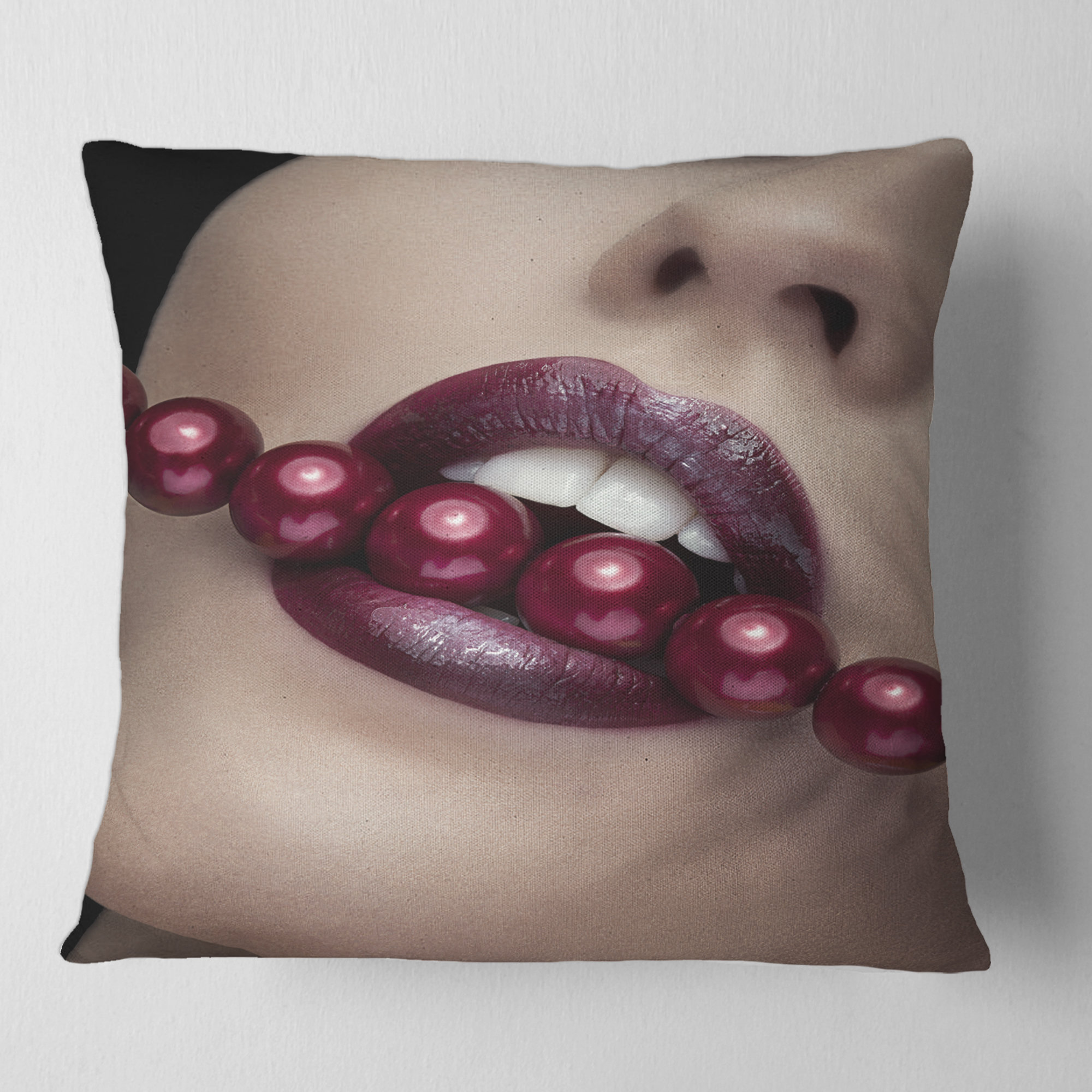Design Art Woman Bitting with Lips with Pearls Square Pillow Cover and ...
