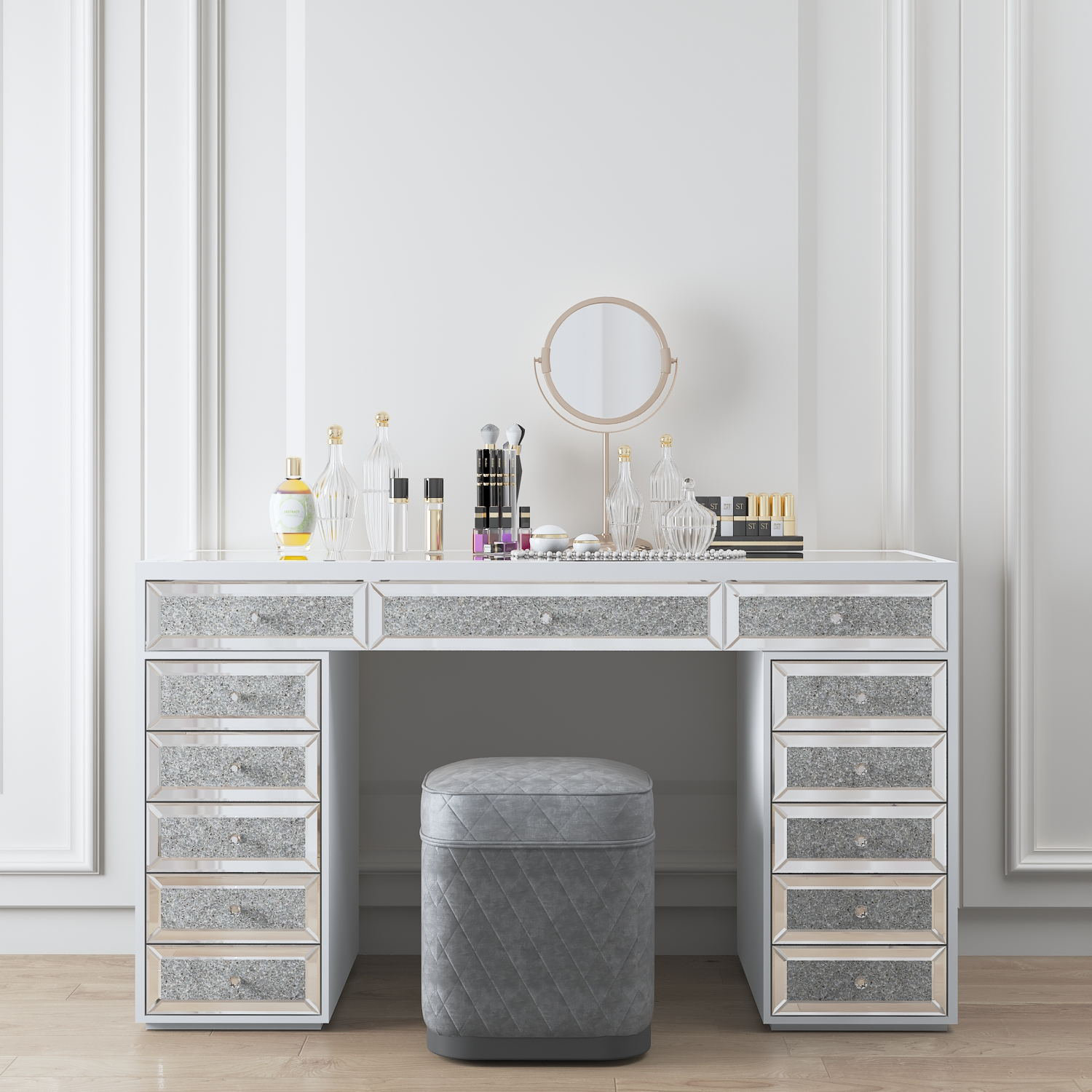 Everly Quinn Mirrored Vanity Table 13-Drawer Faux-diamond Inlay ...