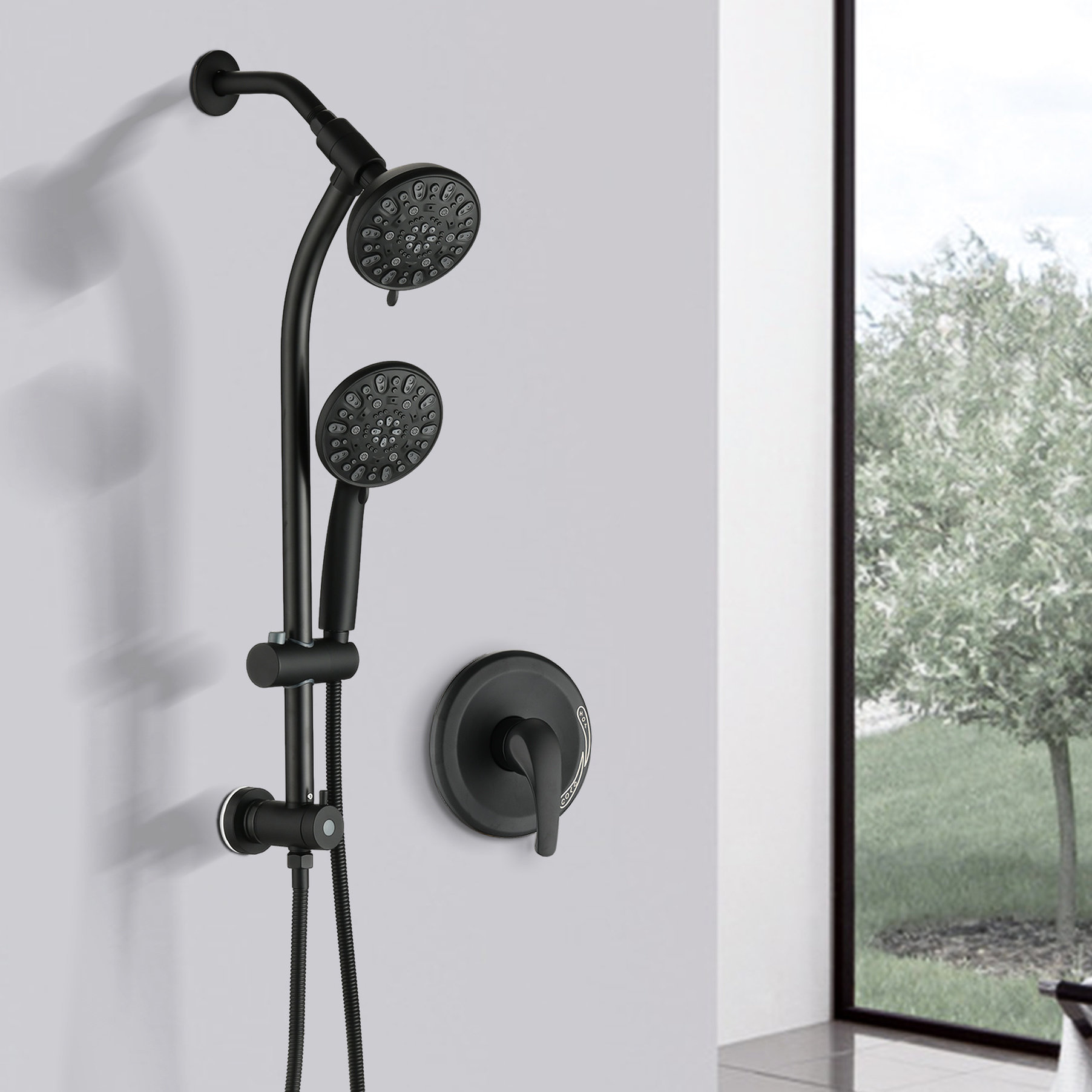 Banior Matte Black Spa Shower System With Drill- Stainless Steel Slide And 7 Function Heads Dual ...