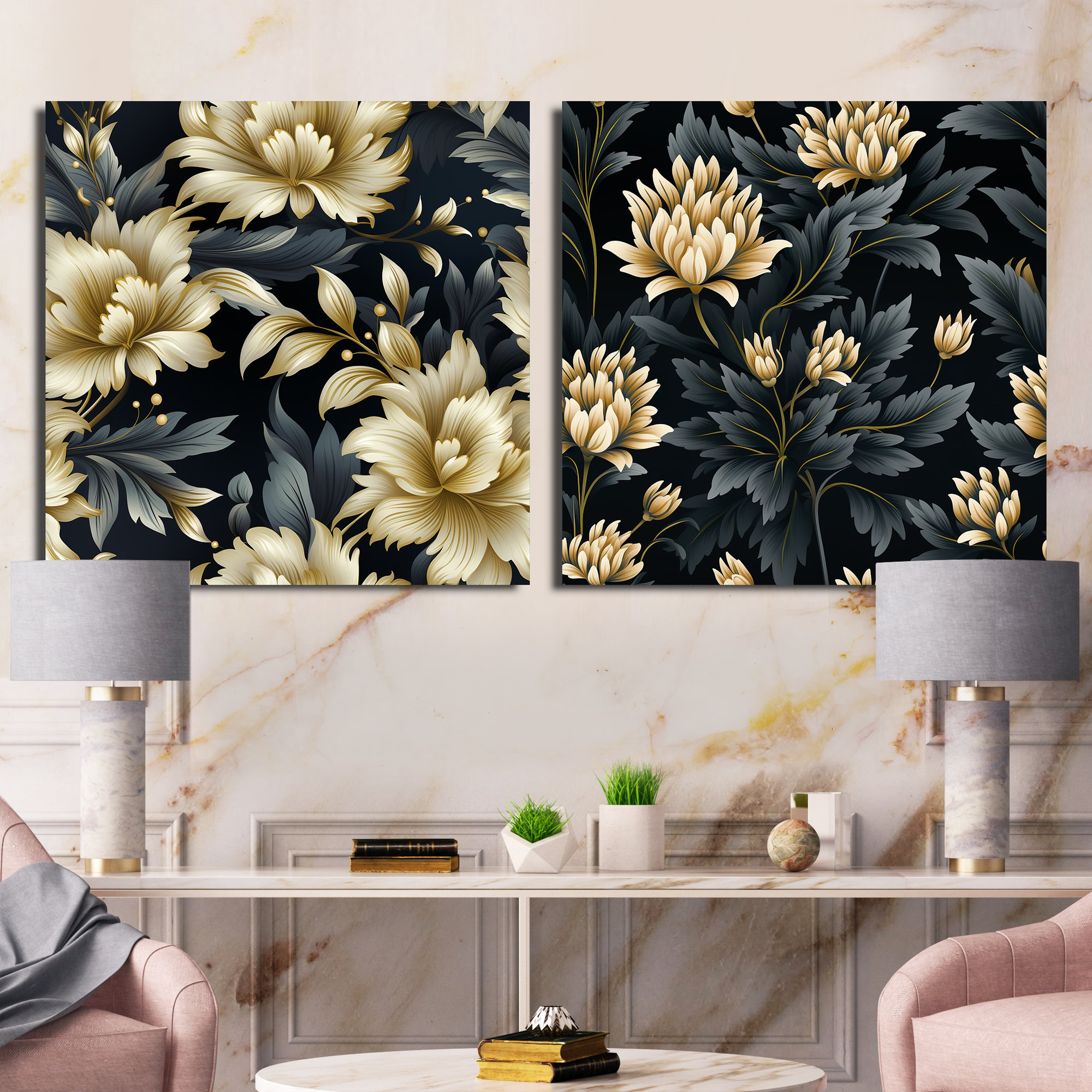 Design Art Black And Beige Damask Flower Opulence - Abstract Botanicals ...