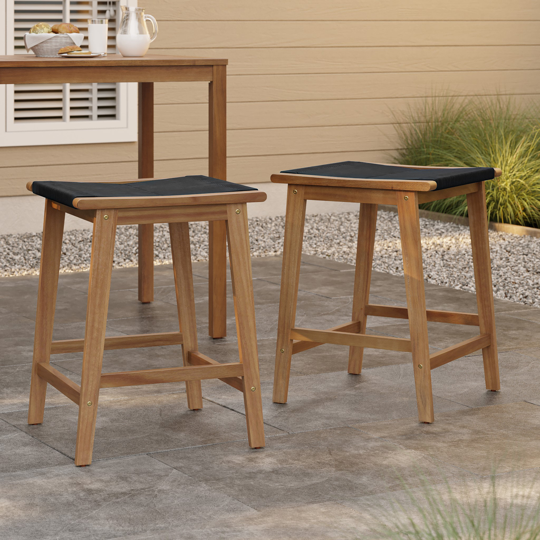 Latitude Run® Outdoor Acacia Wood Counter Height Stools, Set of 2 | Wayfair