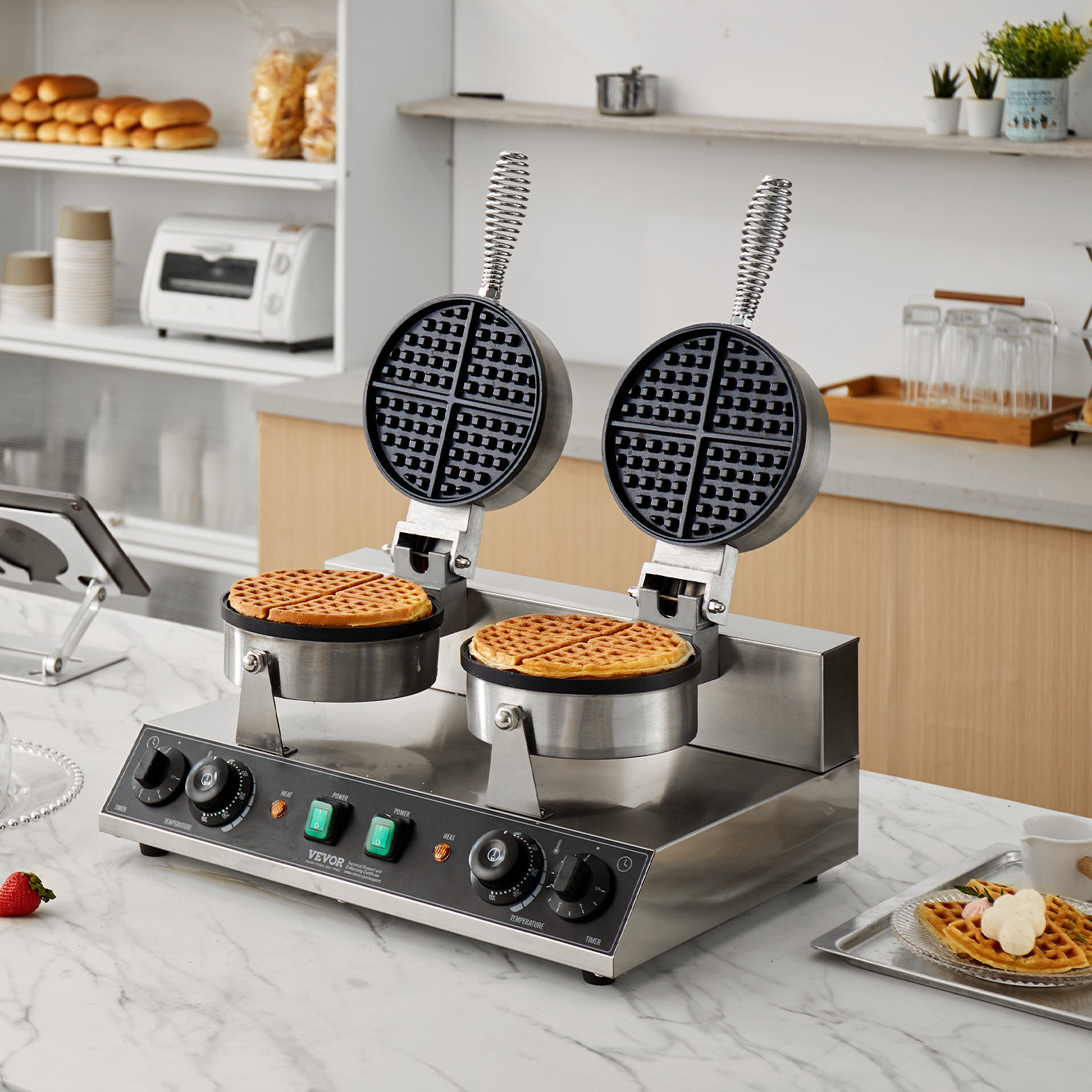 VEVOR Commercial Waffle Maker Dual-Head Round Waffle Iron 2460W Non ...
