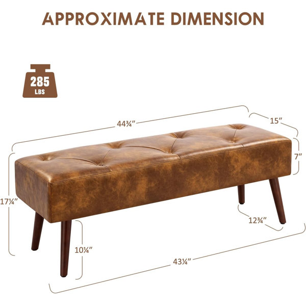 17 Stories 44 Inch Tufted Leather Bench, Leather Footrest Stool Bedroom ...