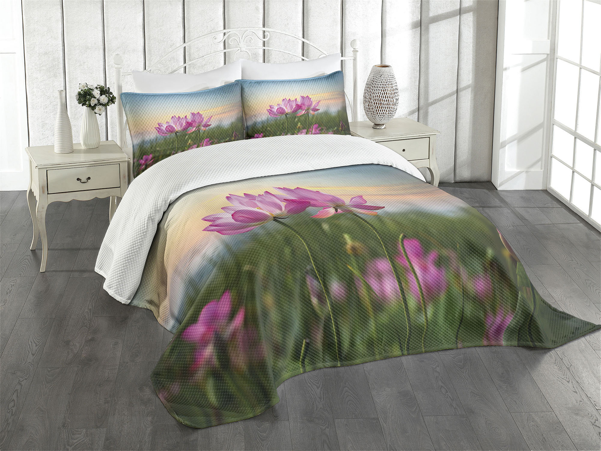 Ambesonne Lotus Bedspread Blooms Garden Pale Pink Pale Blue | Wayfair
