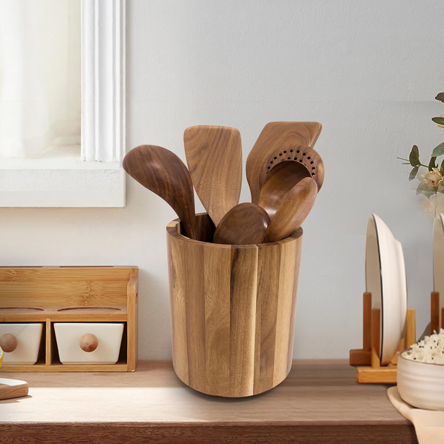 Loon Peak 360° Rotating Utensil Holder, Acacia Wooden Utensil Holder ...