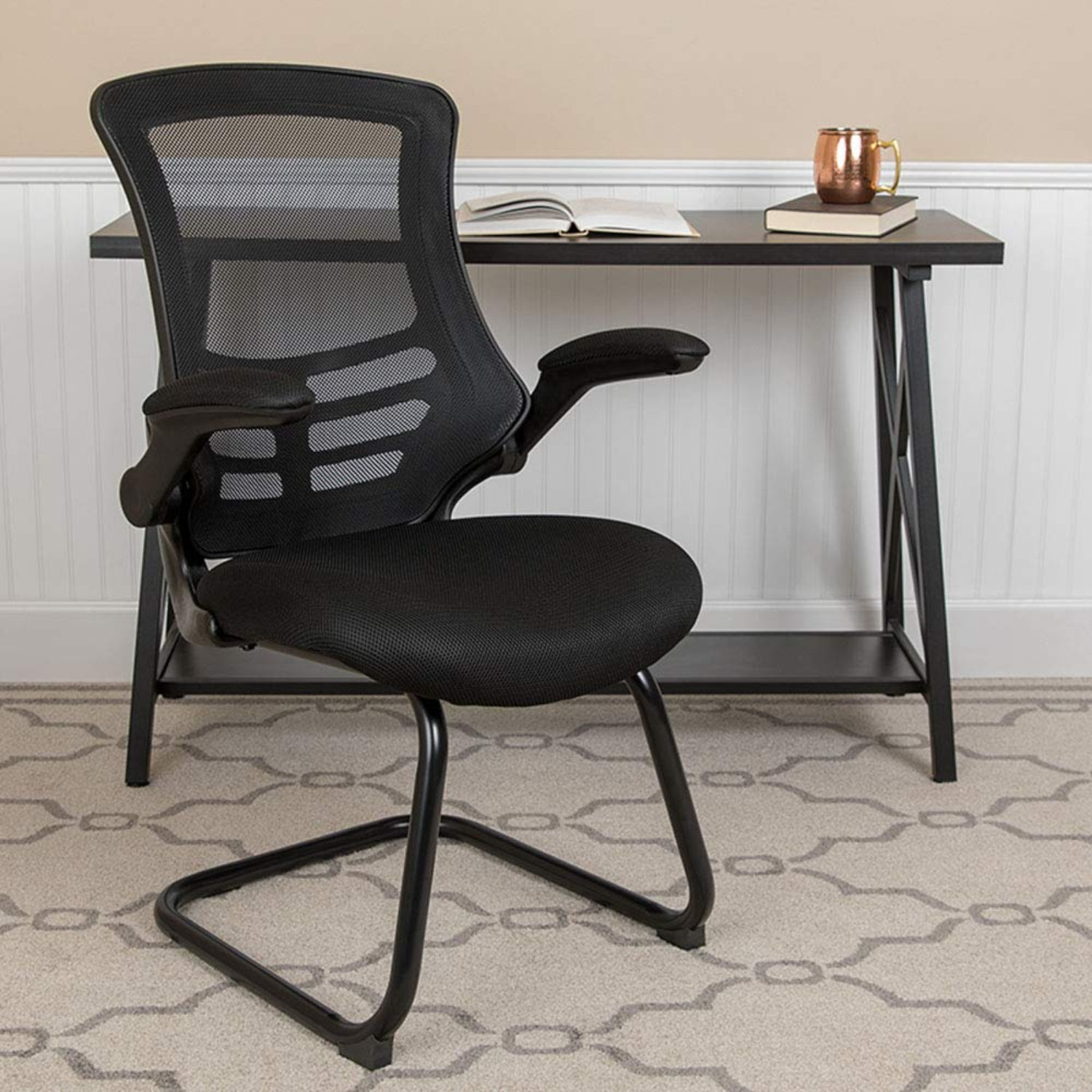 Orblue Black Mesh Sled Base Side Reception Chair With Flip-Up Arms ...