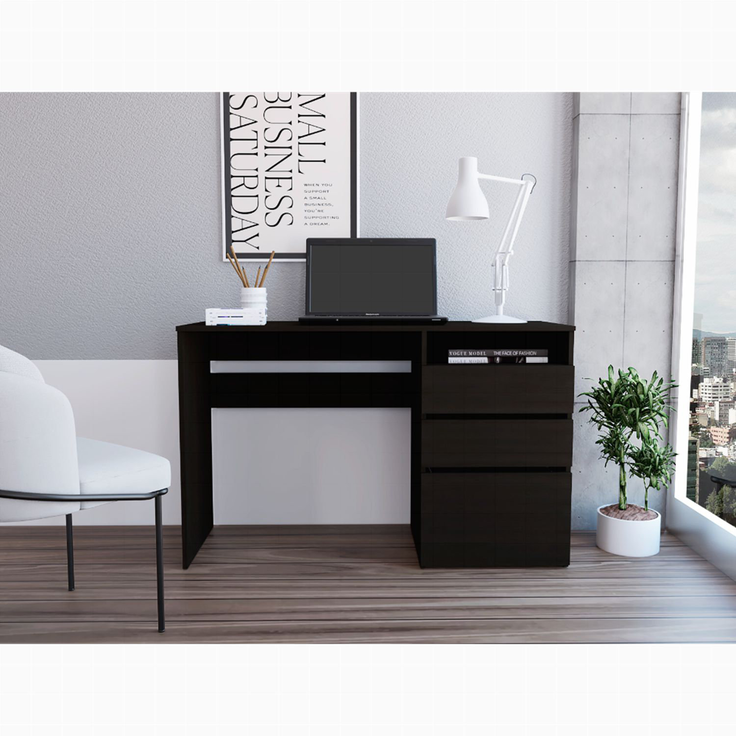 Latitude Run® Kenai 3-Drawer Computer Desk with One Shelf, Black ...