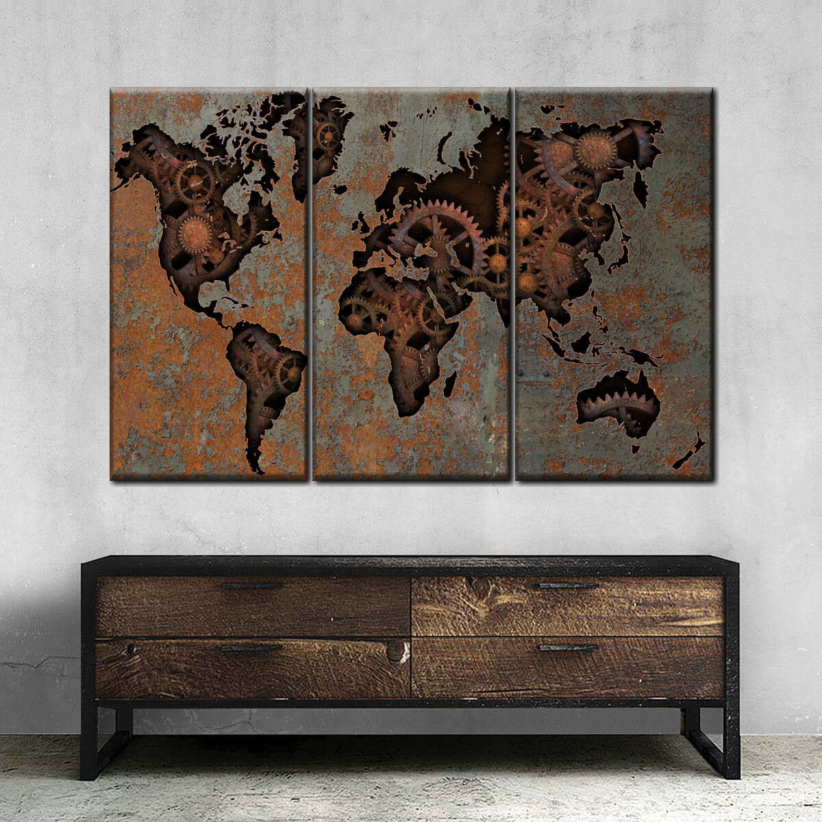 Williston Forge Steampunk World Map On Canvas 3 Pieces Set | Wayfair