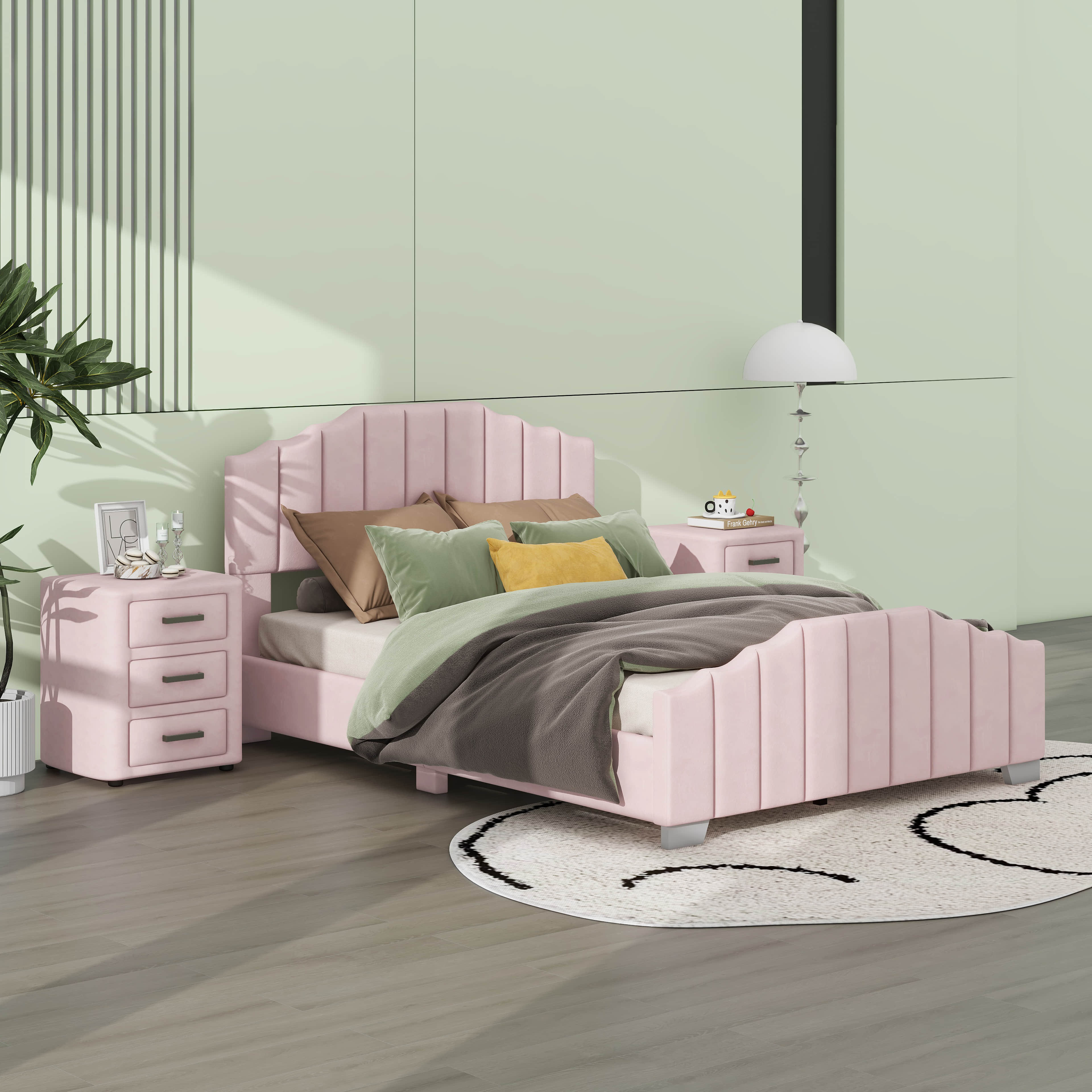 Mercer41 3 Pieces Bedroom Sets Velvet Upholstered Platform Bed Vertical ...