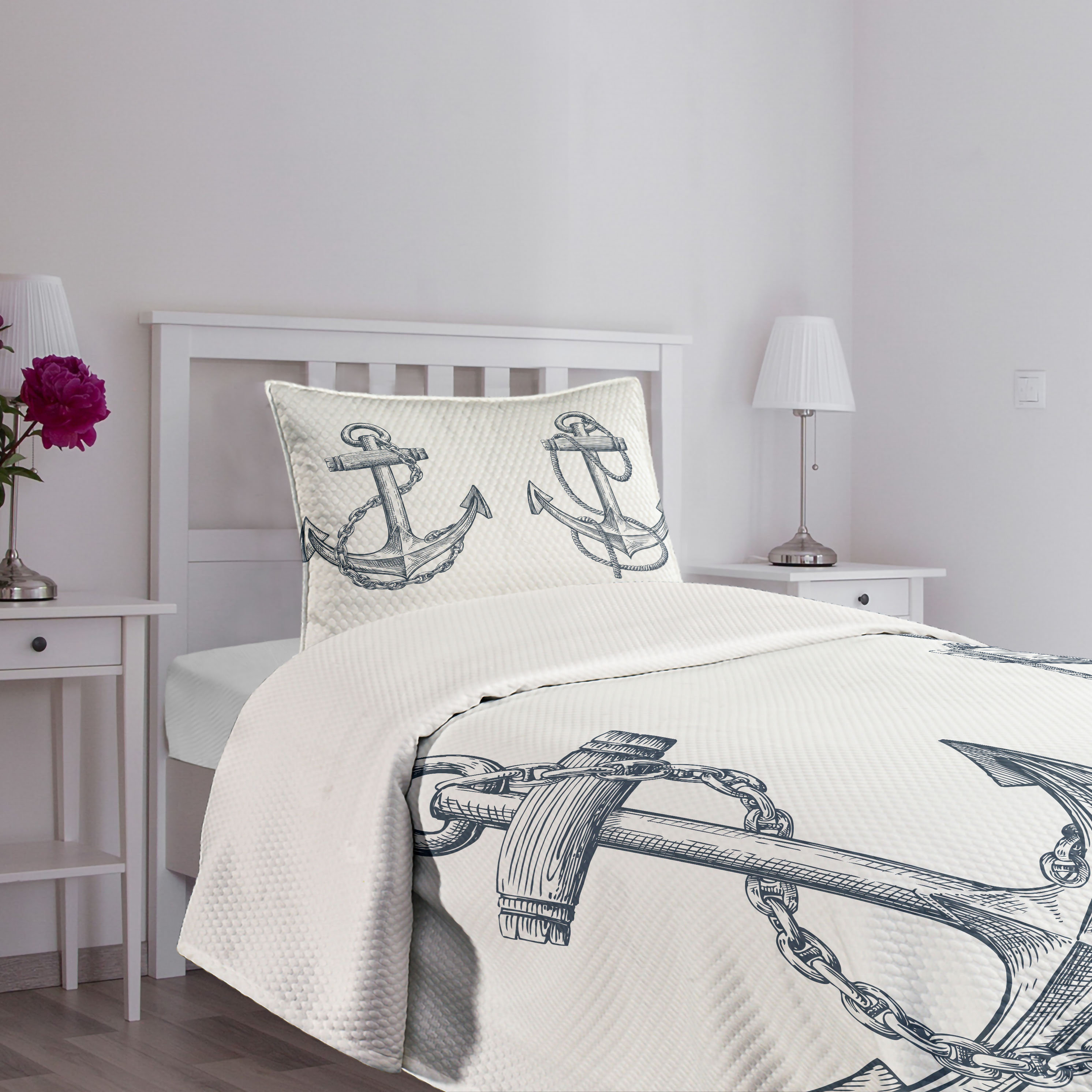 Ambesonne Anchor Bedspread Set Vintage Sketch of Anchor Dark Teal White ...
