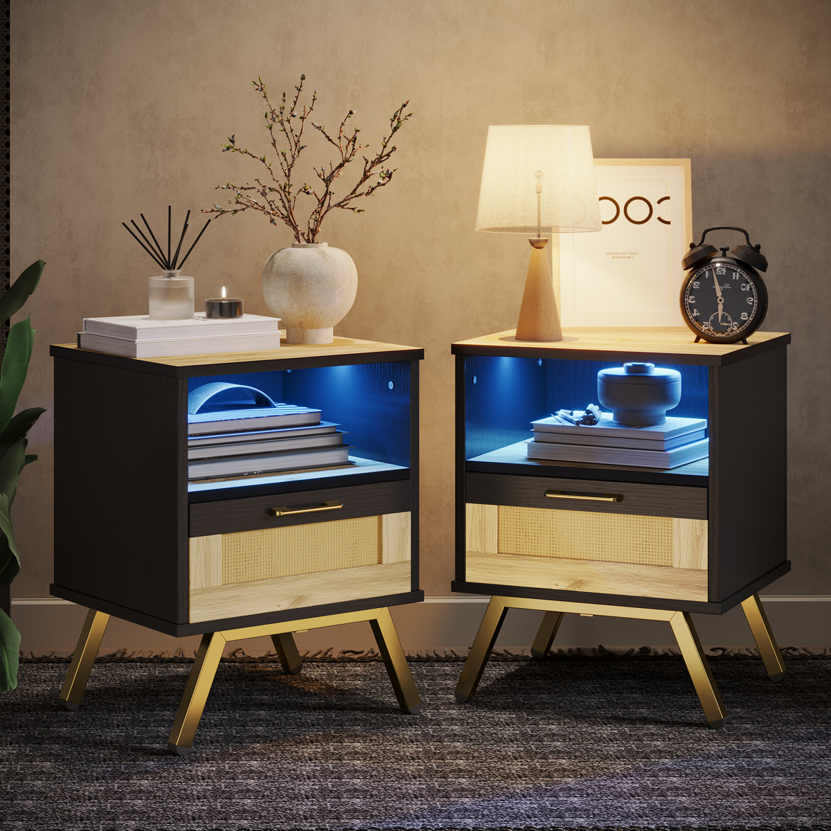 Wade Logan® Brisna 2 SET Nightstands with LED Lights,Modern End Table ...