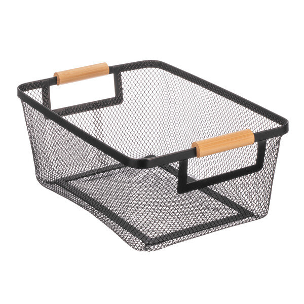 mDesign Metal Mesh Pantry Basket with Wooden Handle - Black/Natural ...