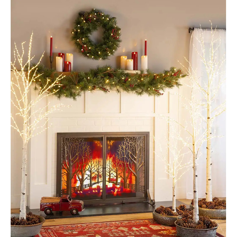 Primrue 84'' Artificial LED Birch Tree in Metal Stand with White Lights ...