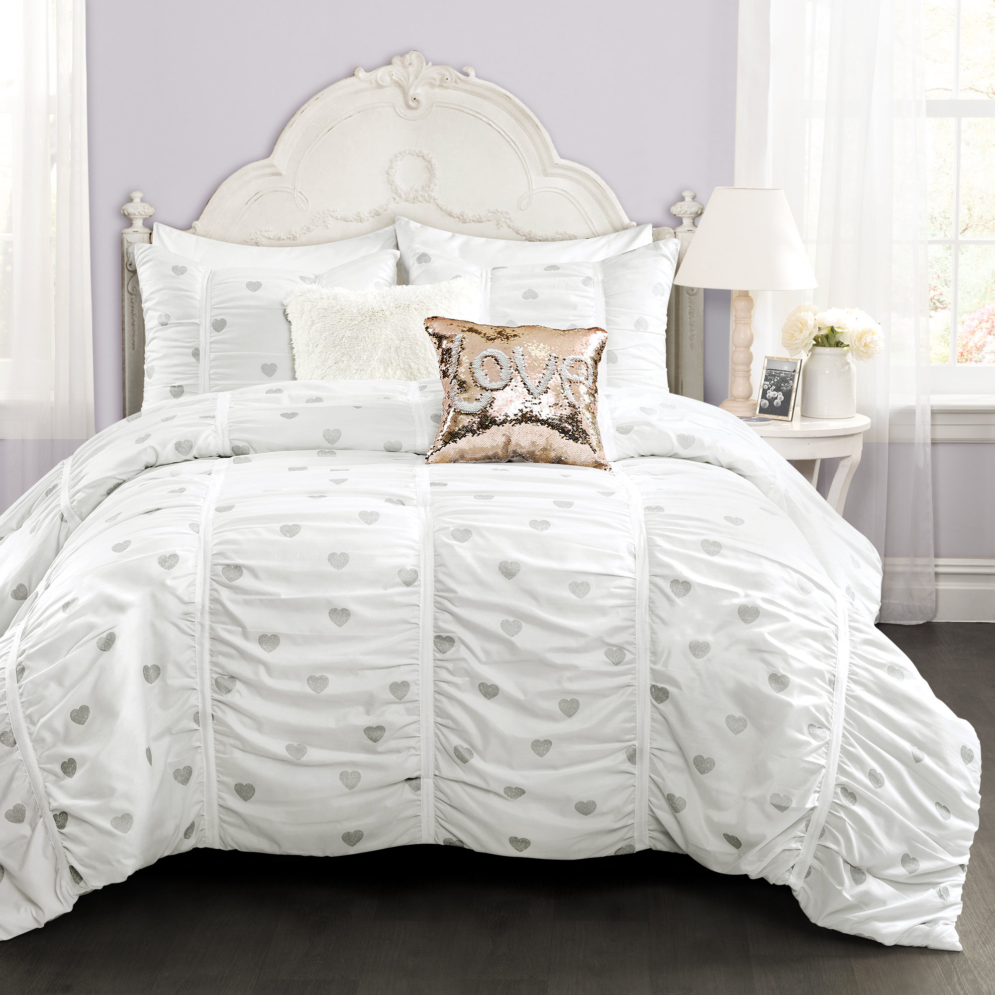 Lush Decor Distressed Metallic Heart Print Microfiber Comforter Set ...