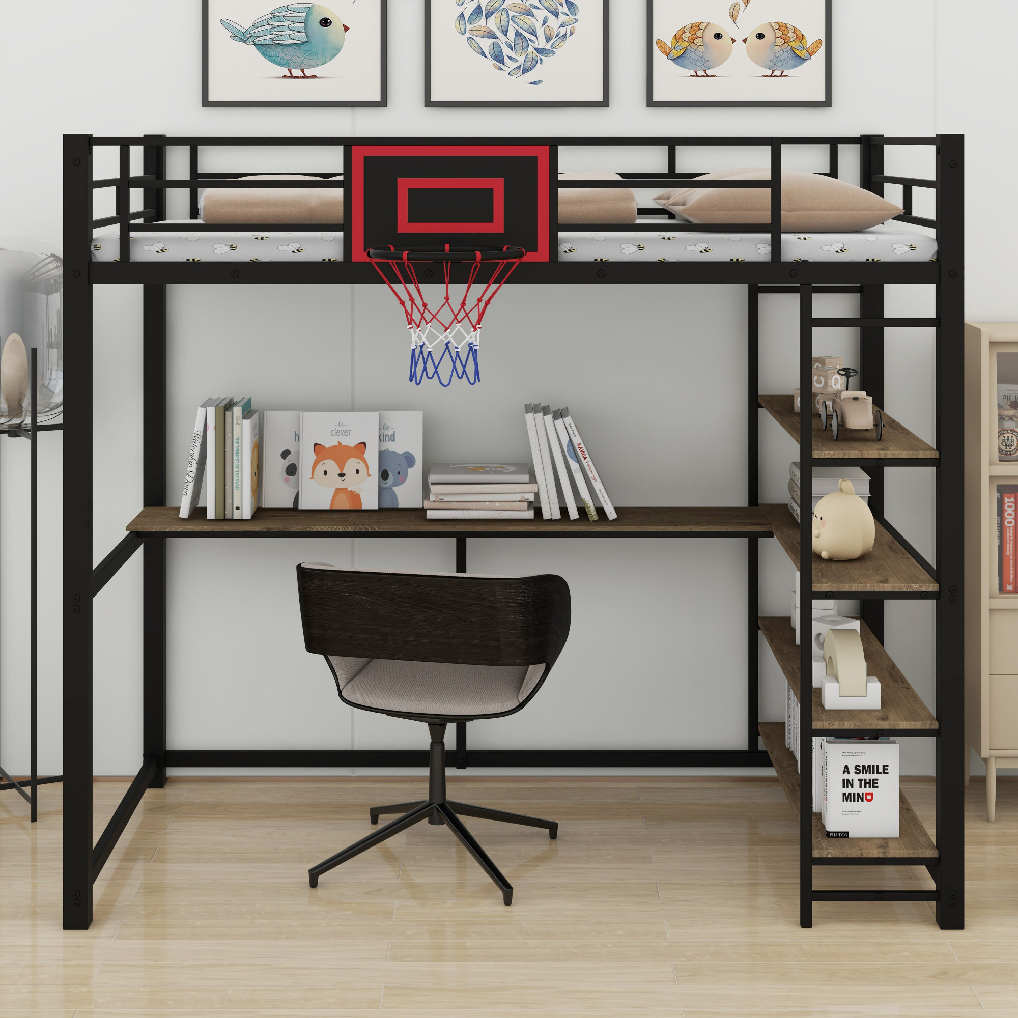 17 Stories Metal Loft Bed With Shelves, Desk And Basketball Hoop ...