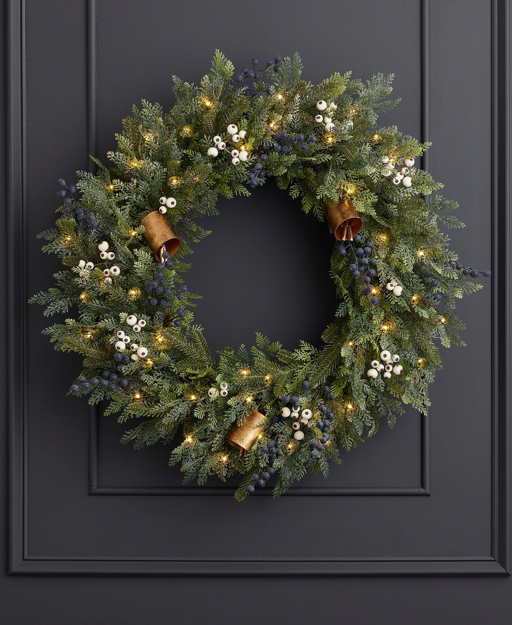 The Holiday Aisle® Mixed Mica Foliage with Blueberries and Harmony Bells 30in Wreath Pre-Lit ...