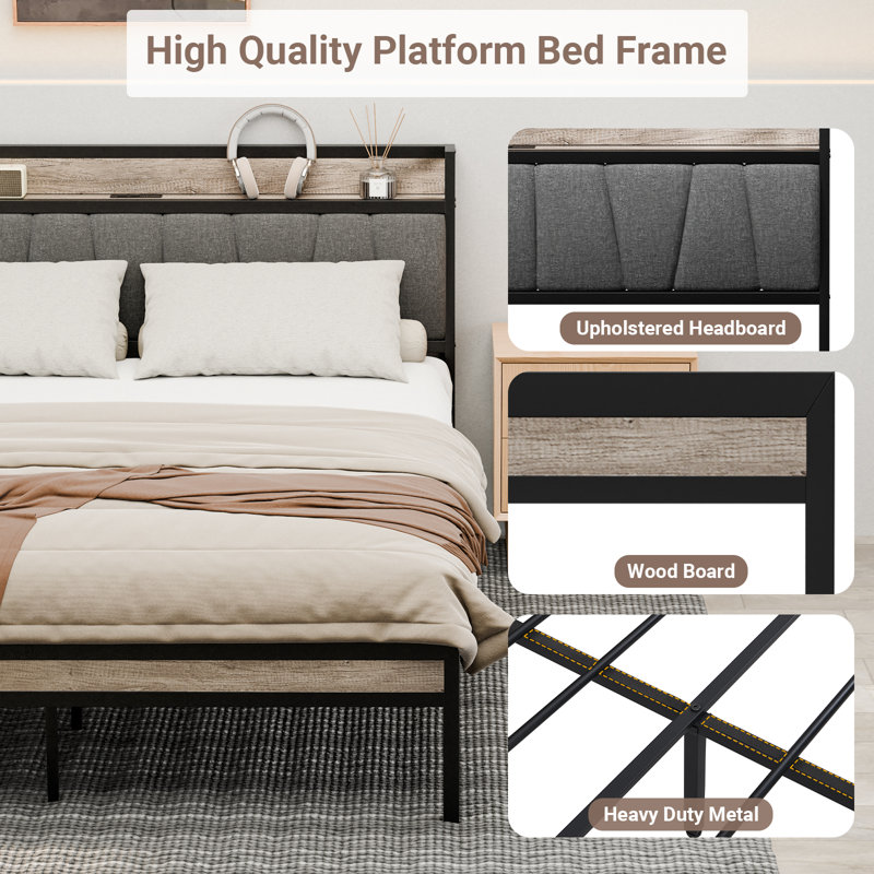 17 Stories Modern Metal Platform Bed Frame With Upholstered Storage ...